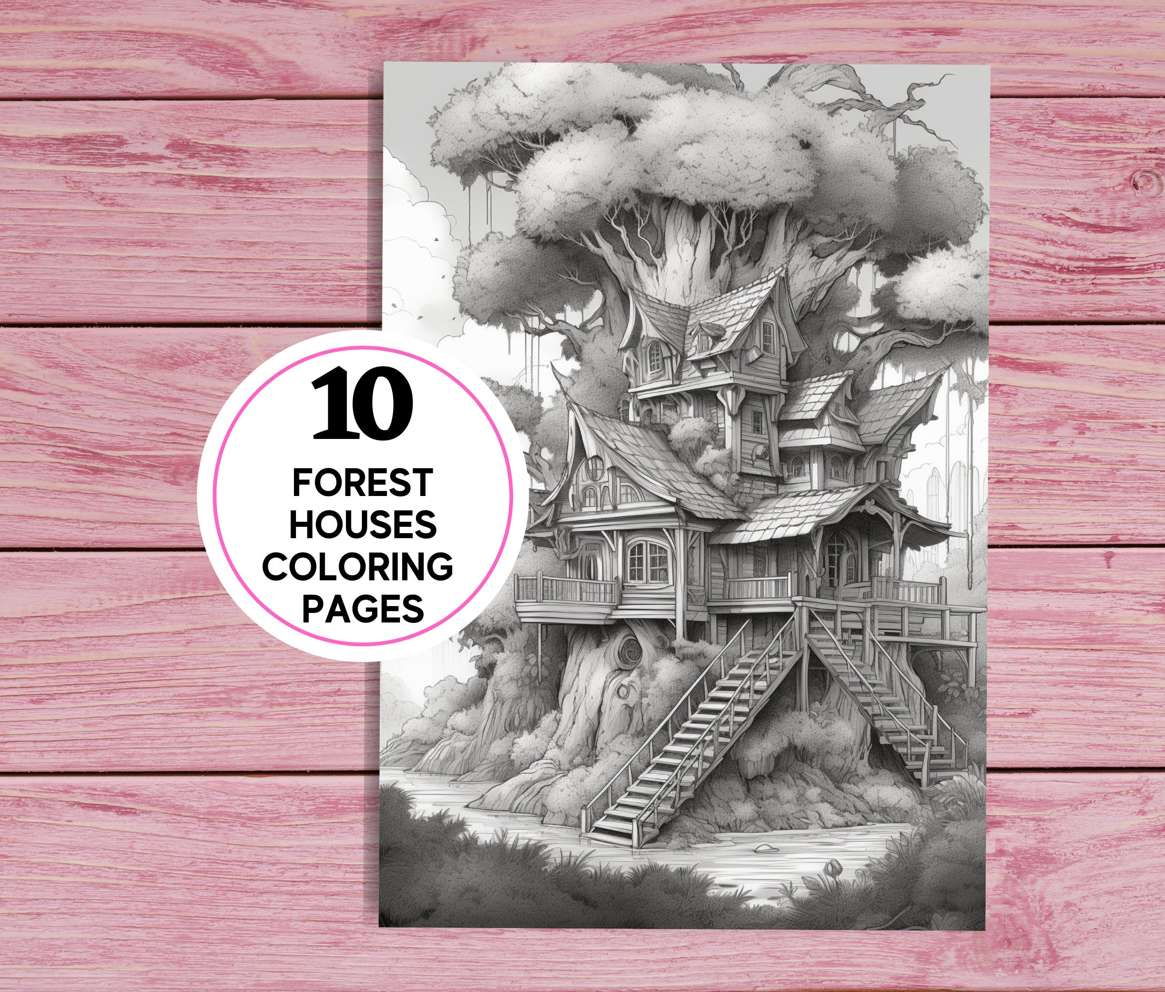 Forest House - 10 Coloring Pages for Adults | Printable PDF 10 Pages A4 ...