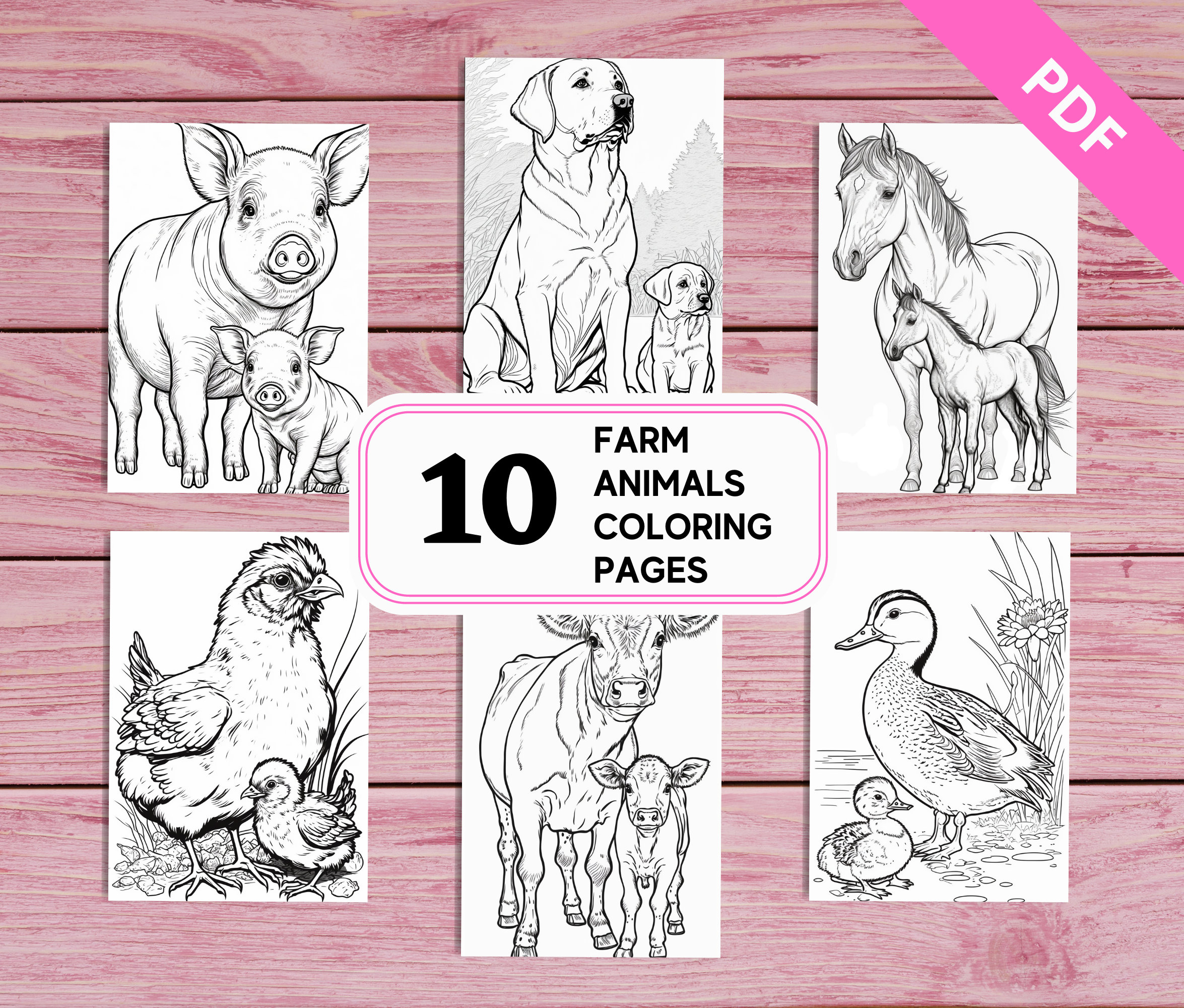 Mother and Baby Farm Animals - 10 Coloring Pages for Kids and Adults ...