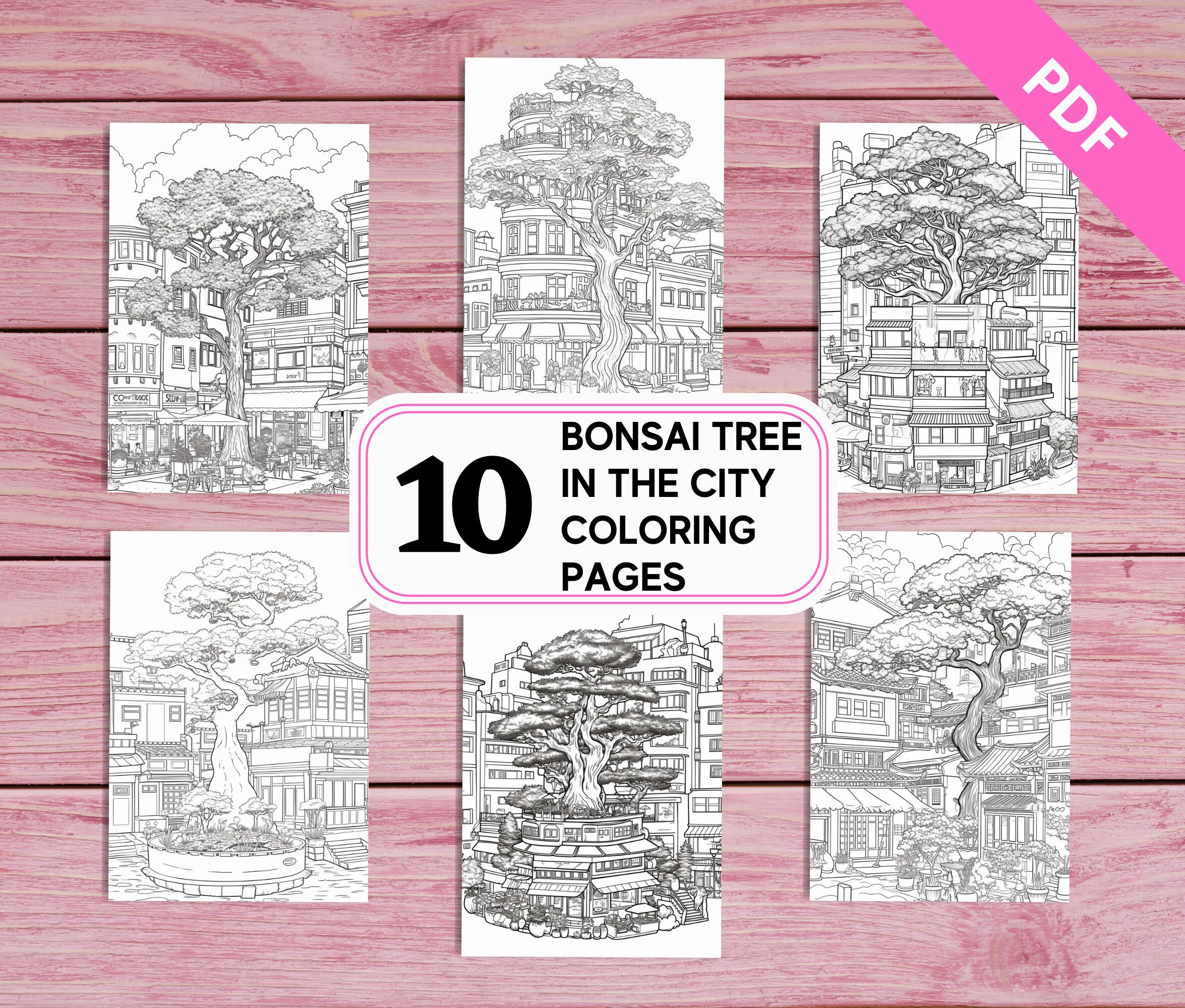 Bonsai Tree in the City - 10 Realistic Coloring Pages for Adults ...