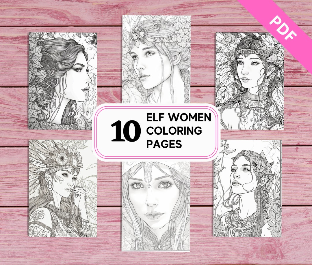 Elf Fantasy Girl Women Portraits 10 Grayscale Coloring Pages for Adults ...