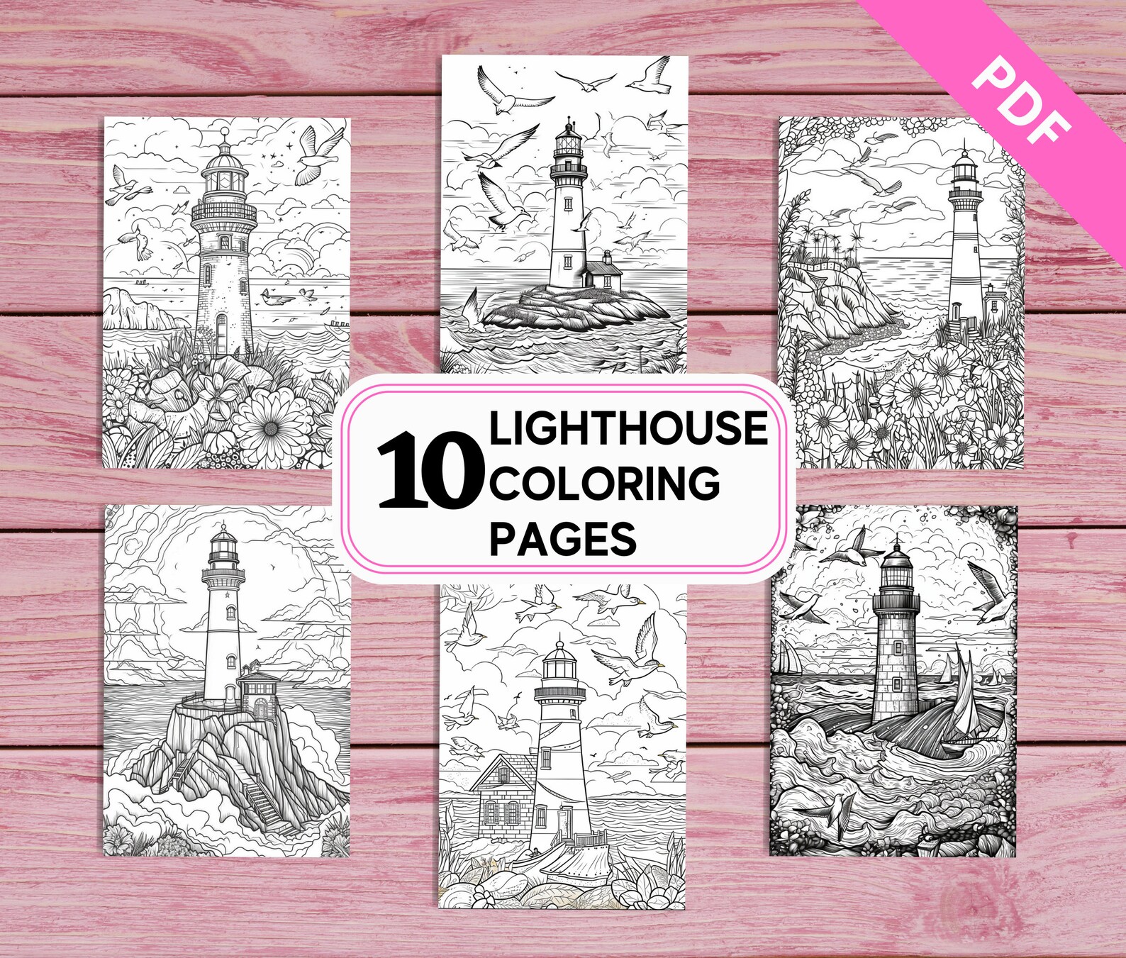 Lighthouse - 10 Coloring Pages for Kids and Adults | Printable PDF 10 ...