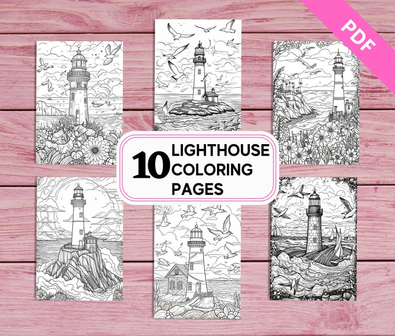 Lighthouse - 10 Coloring Pages for Kids and Adults | Printable PDF 10 ...