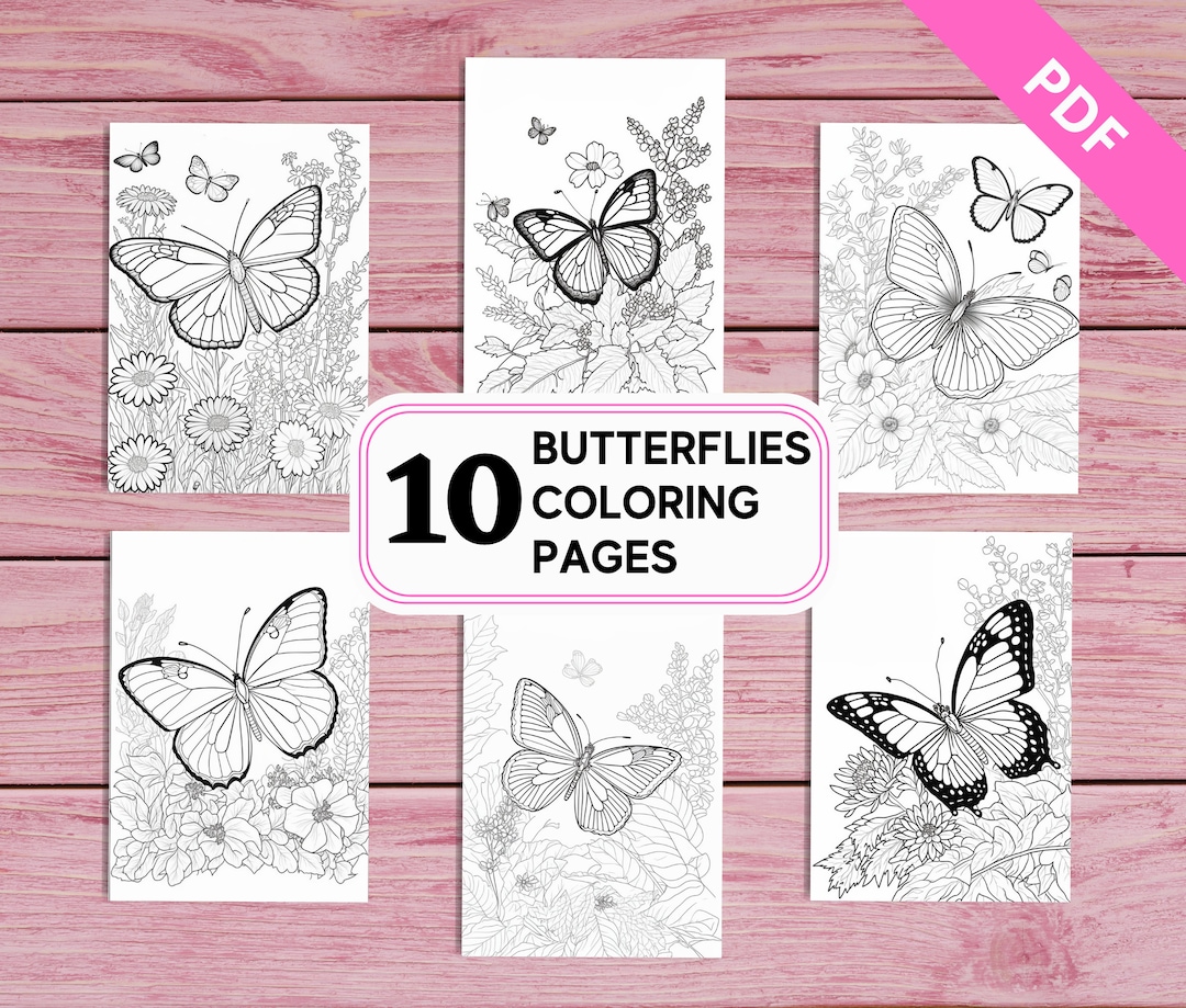 Butterflies - 10 Coloring Pages for Kids and Adults | Printable PDF 10 ...