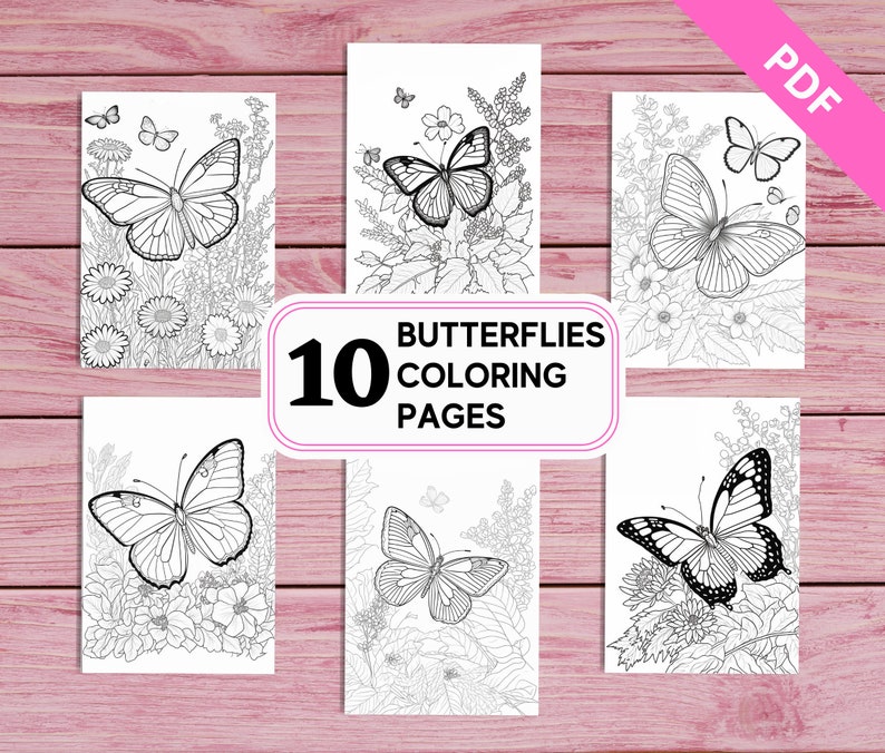 Butterflies - 10 Coloring Pages for Kids and Adults | Printable PDF 10 ...