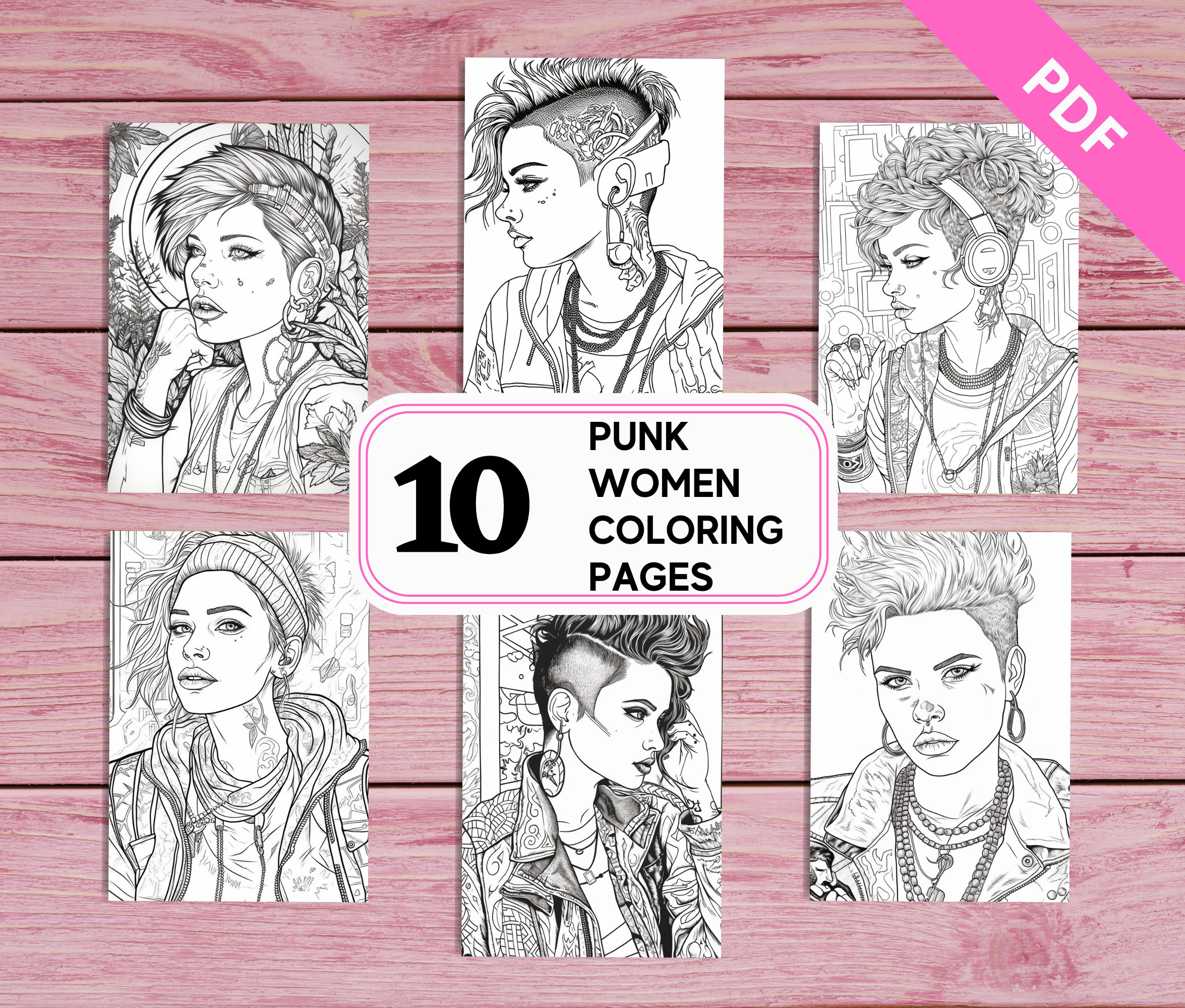 Punk Women Portraits Coloring Pages – Grayscale A4 (printable PDF) - Etsy