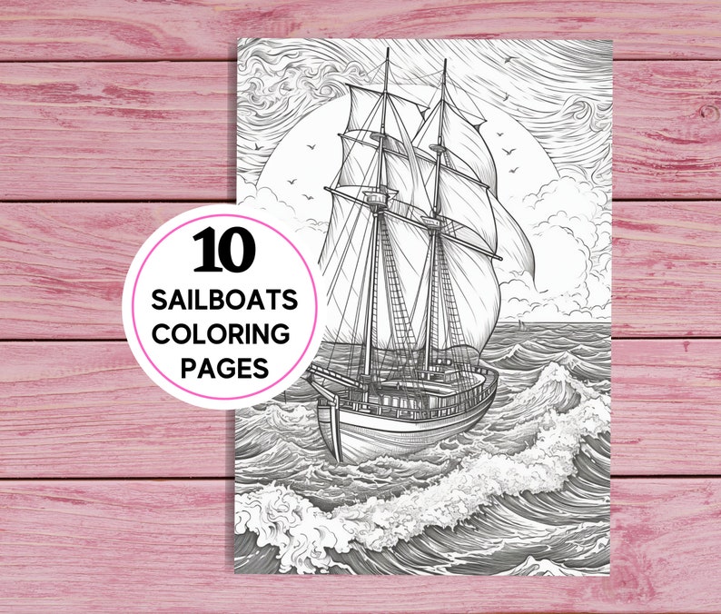 Sailboats - 10 Realistic Coloring Pages for Adults | Printable PDF 10 ...