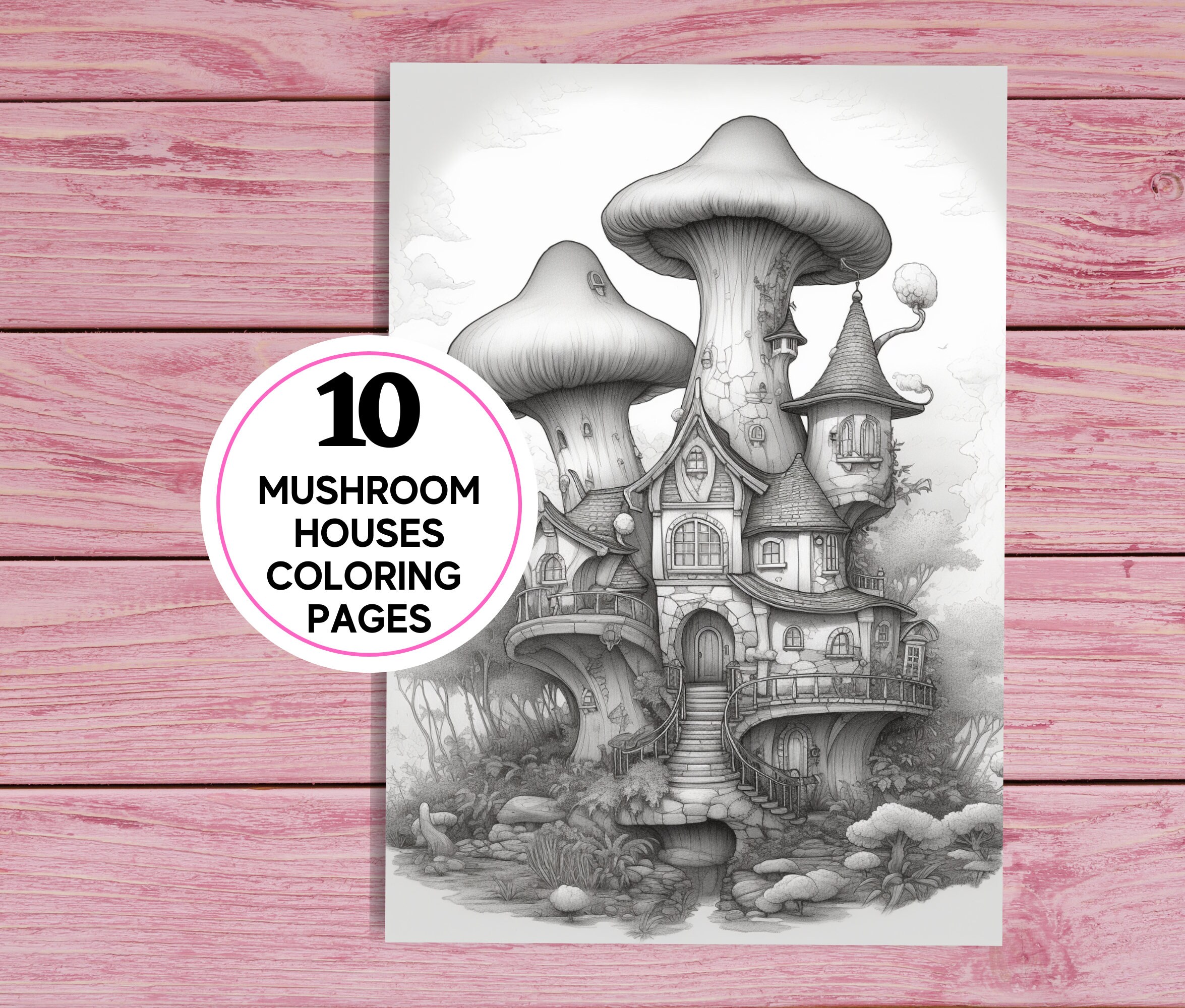 Enchanted Mushroom Houses 10 Coloring Pages for Adults Printable PDF 10 ...
