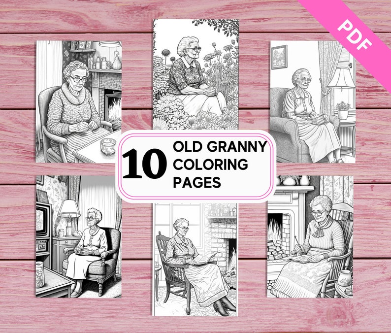Old Granny Coloring Pages – 10 Grayscale Illustrations (printable PDF ...
