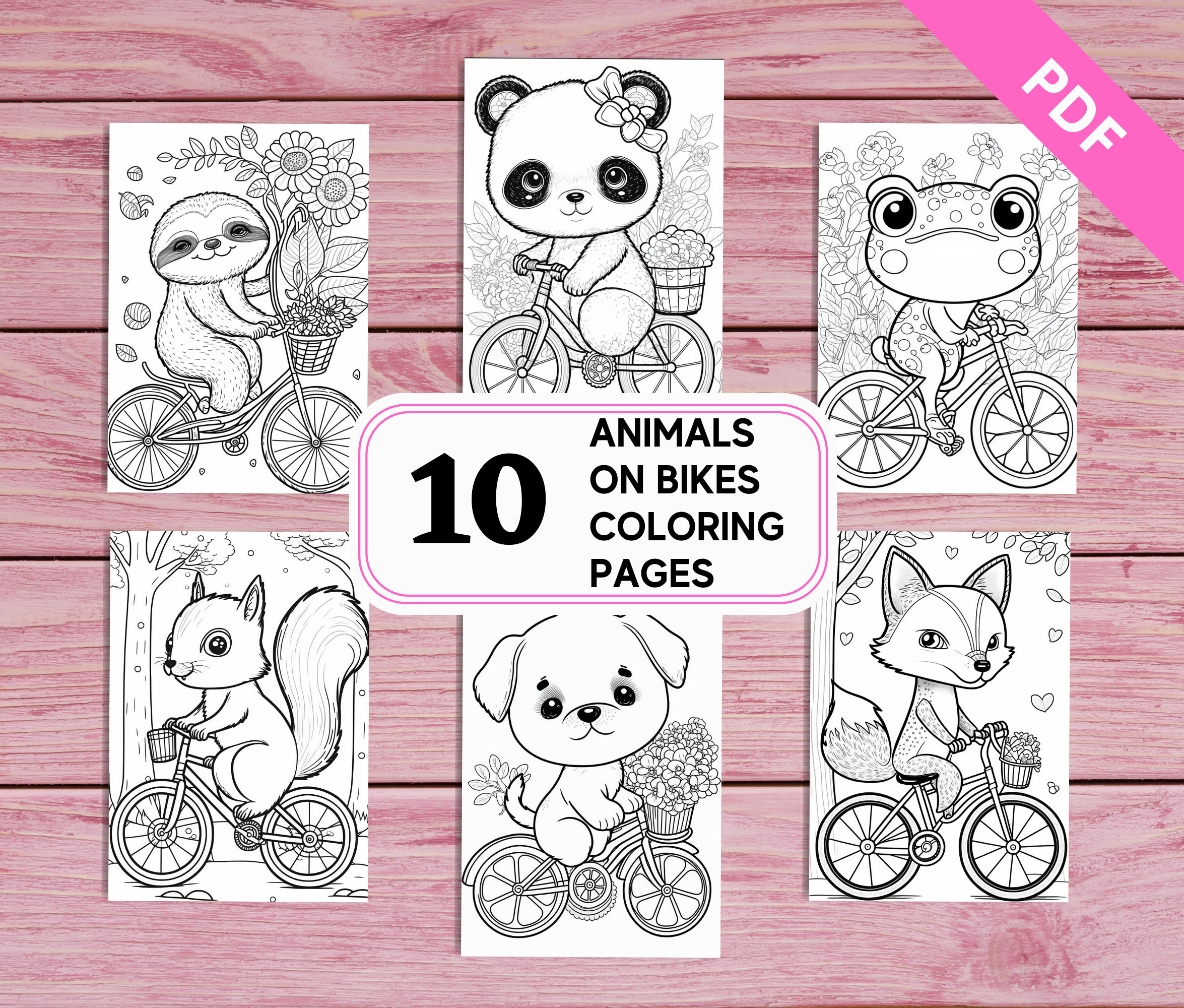 10 Cute Animals on Bikes Coloring Pages for Kids | Printable PDF 10 ...