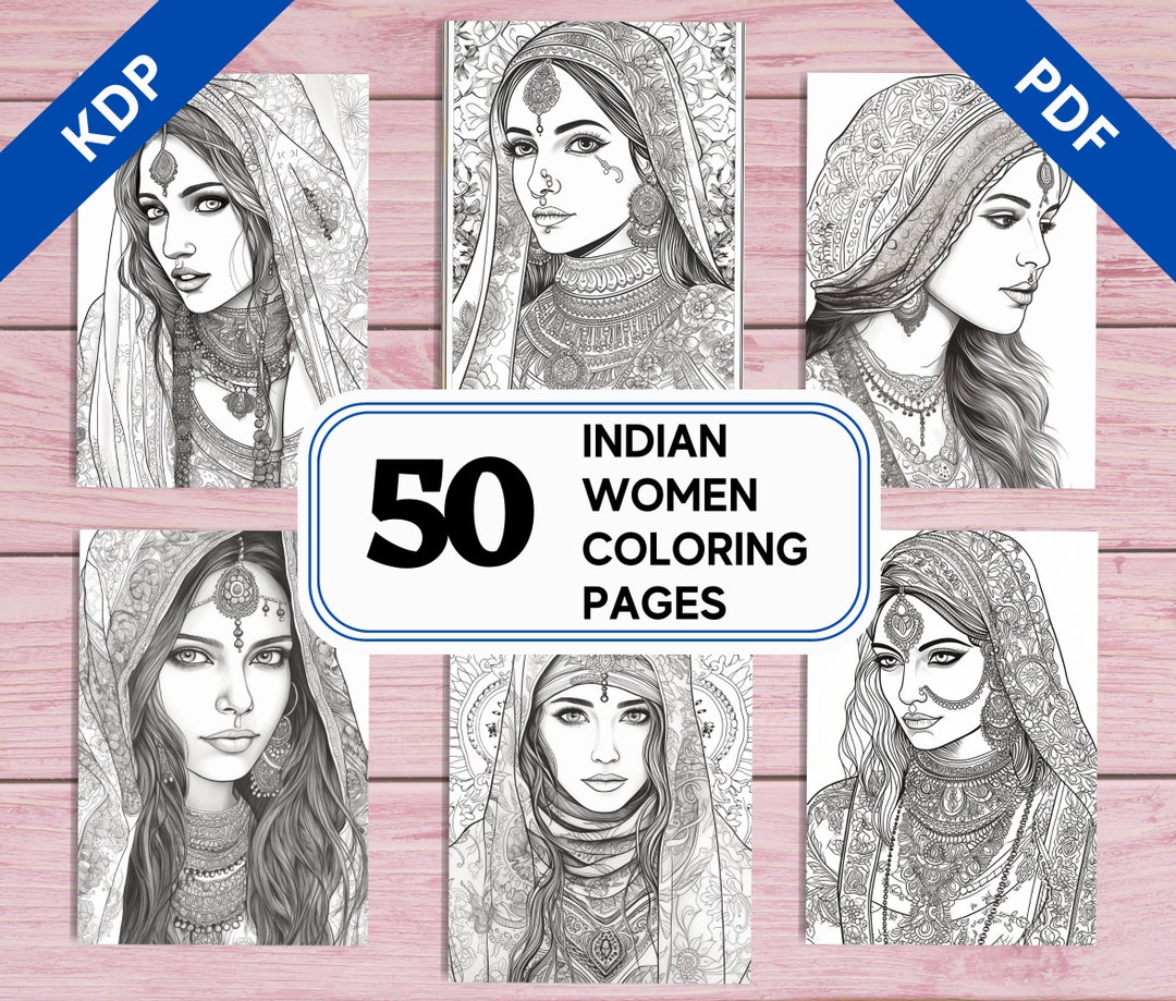 Indian Women Portraits Coloring Pages | 50 Printable Greyscale ...