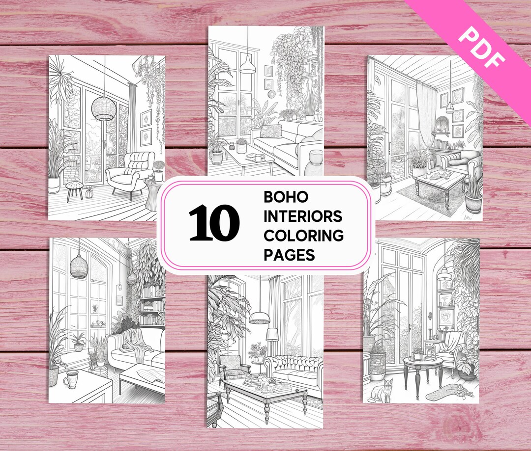 Boho Interiors - 10 Coloring Pages for Adults | Printable PDF 10 Pages ...