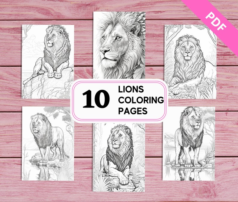 Lions - 10 Coloring Pages for Kids and Adults | Printable PDF 10 Pages ...