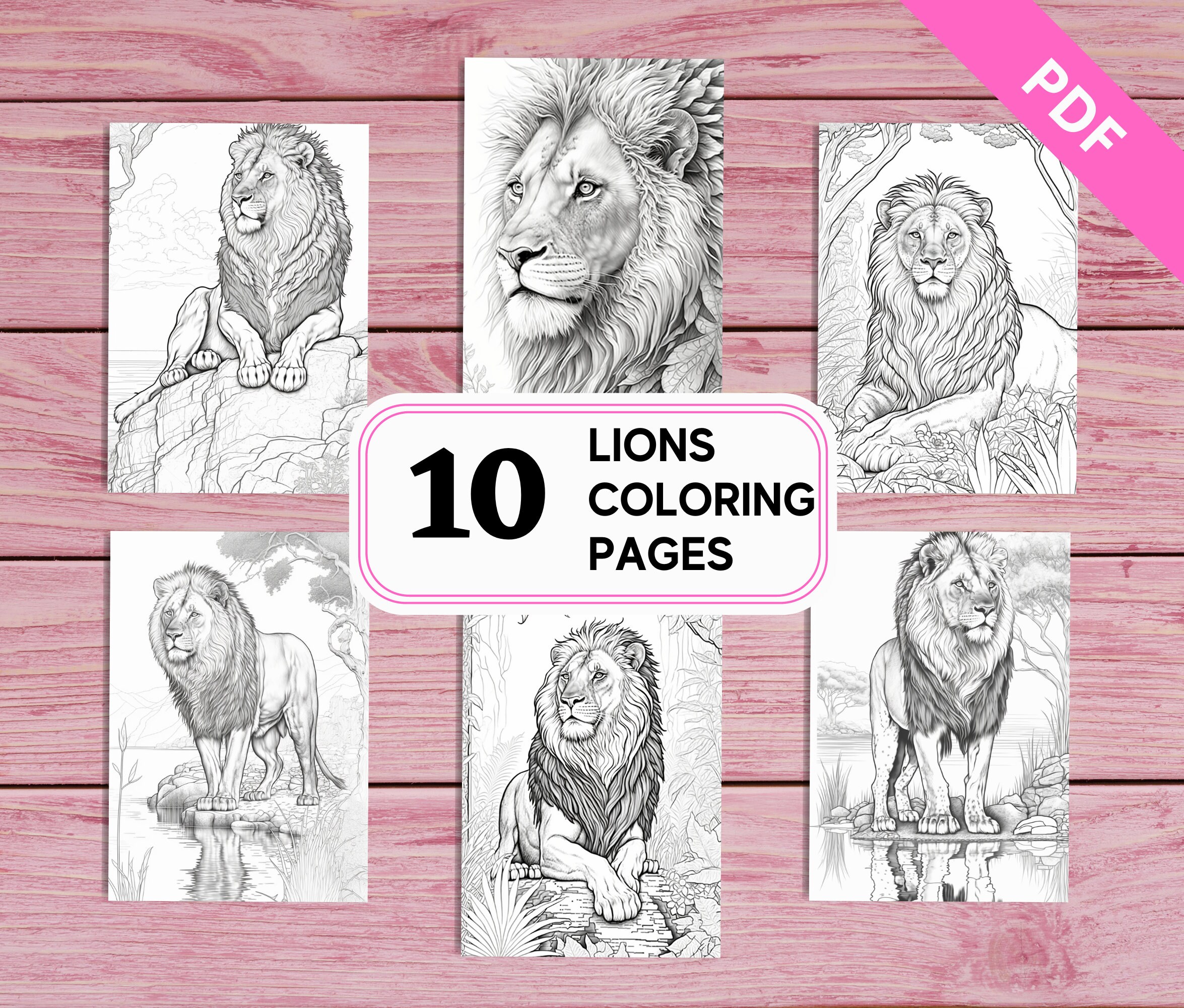 Lions - 10 Coloring Pages for Kids and Adults | Printable PDF 10 Pages ...