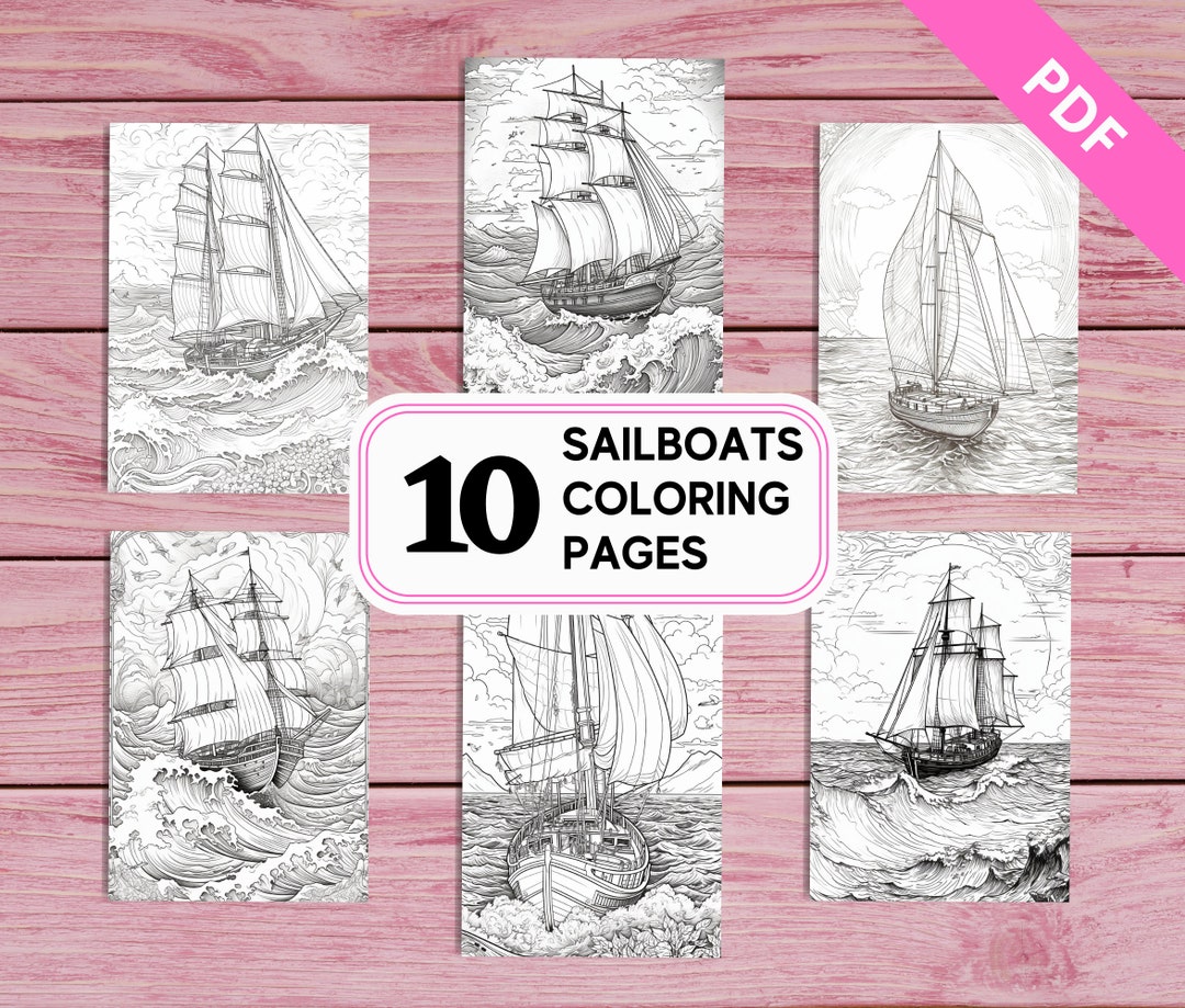 Sailboats - 10 Realistic Coloring Pages for Adults | Printable PDF 10 ...