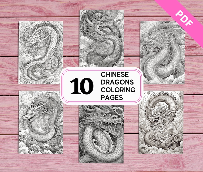Chinese Dragons 10 Coloring Pages for Adults Printable PDF 10 Pages A4 ...