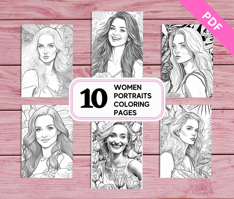 Women Portraits Coloring Pages - Grayscale Art, A4 (printable PDF) - Etsy