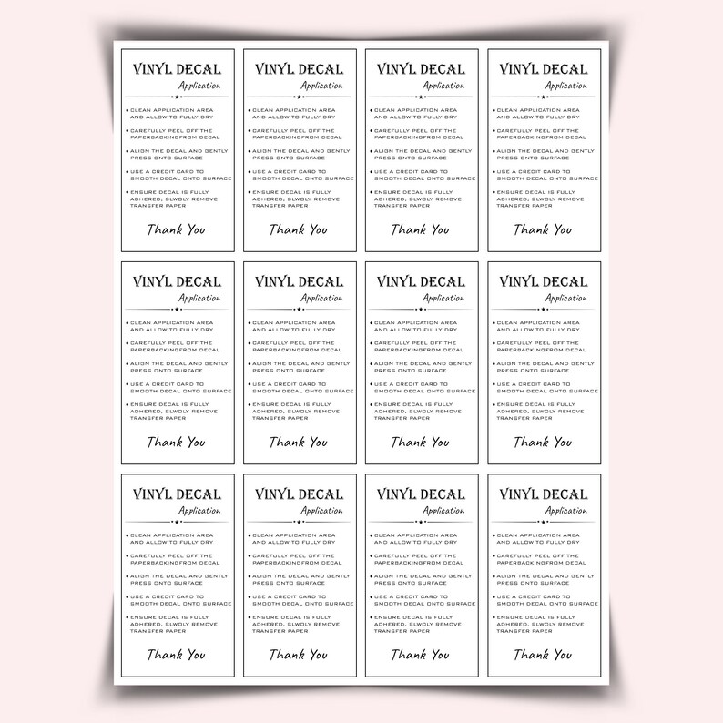 Vinyl Decal Application Card, Printable Vinyl Decal Care Card ...