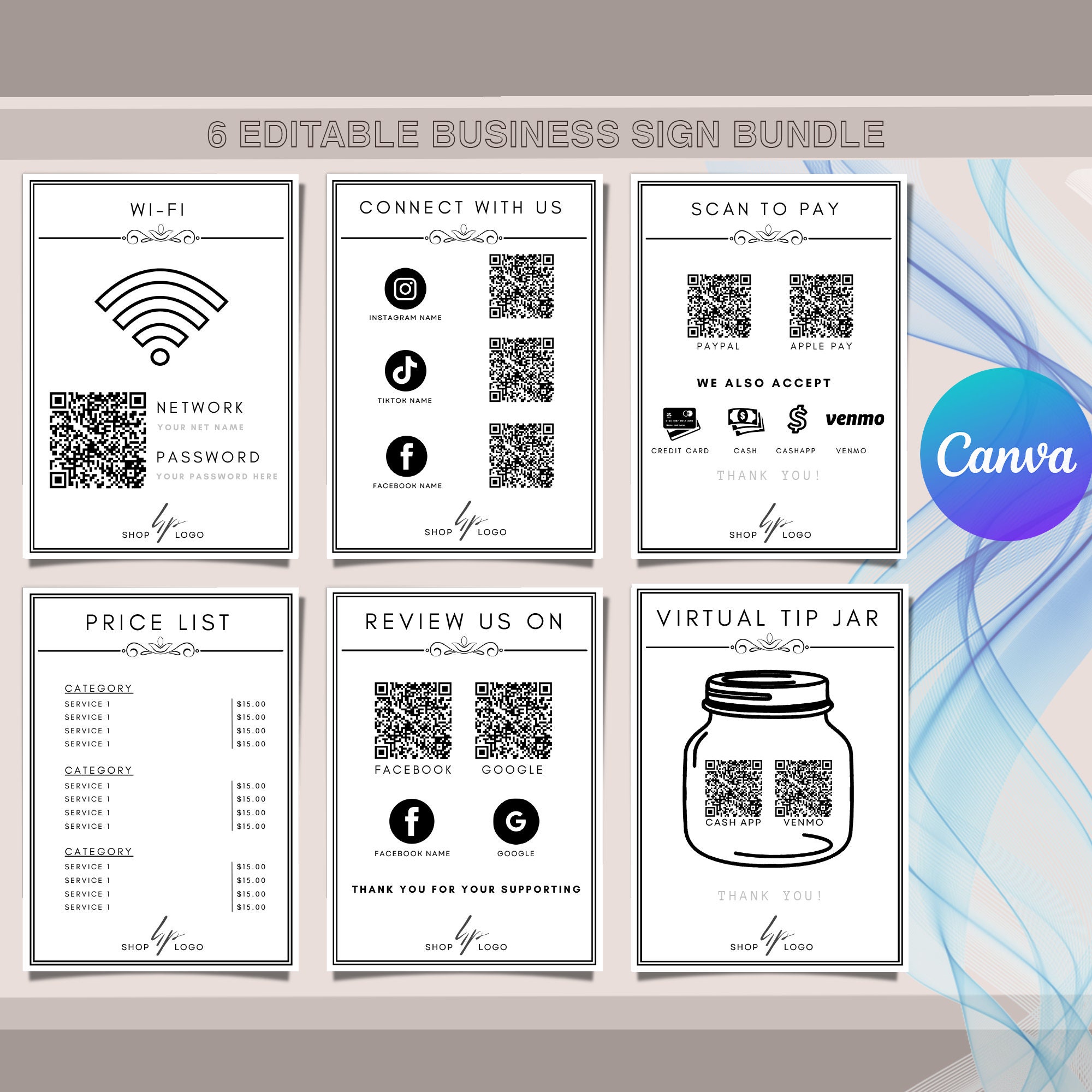 Editable Small Business Sign Bundle, Price List Sheet, Scan to Pay ...