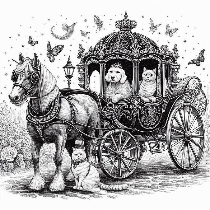 A Whimsical Adult Coloring Book Pages, With Cats and Dogs and Horse ...
