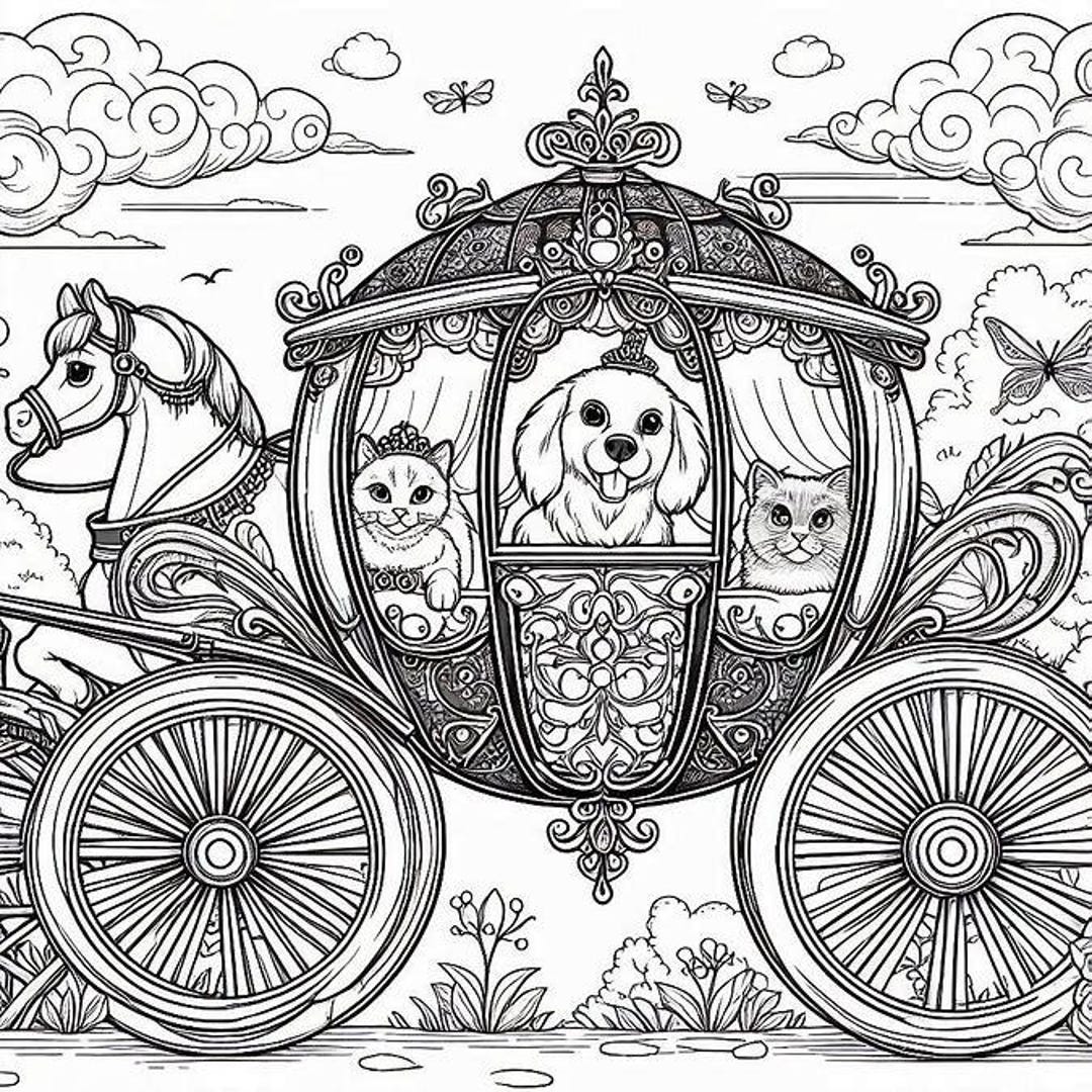 A Whimsical Adult Coloring Book Pages, With Cats and Dogs and Horse ...