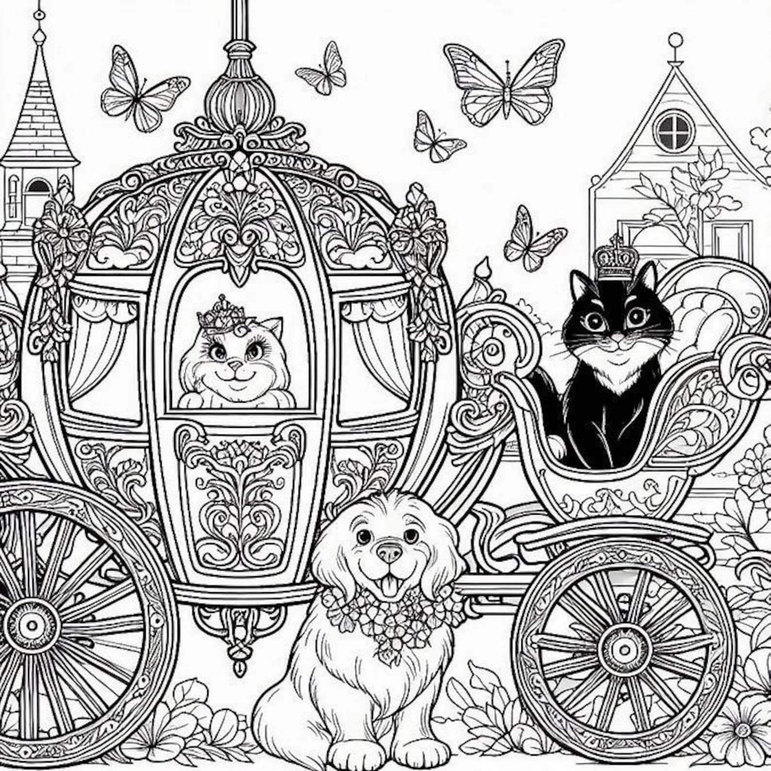 A Whimsical Adult Coloring Book Pages, With Cats and Dogs and Horse ...