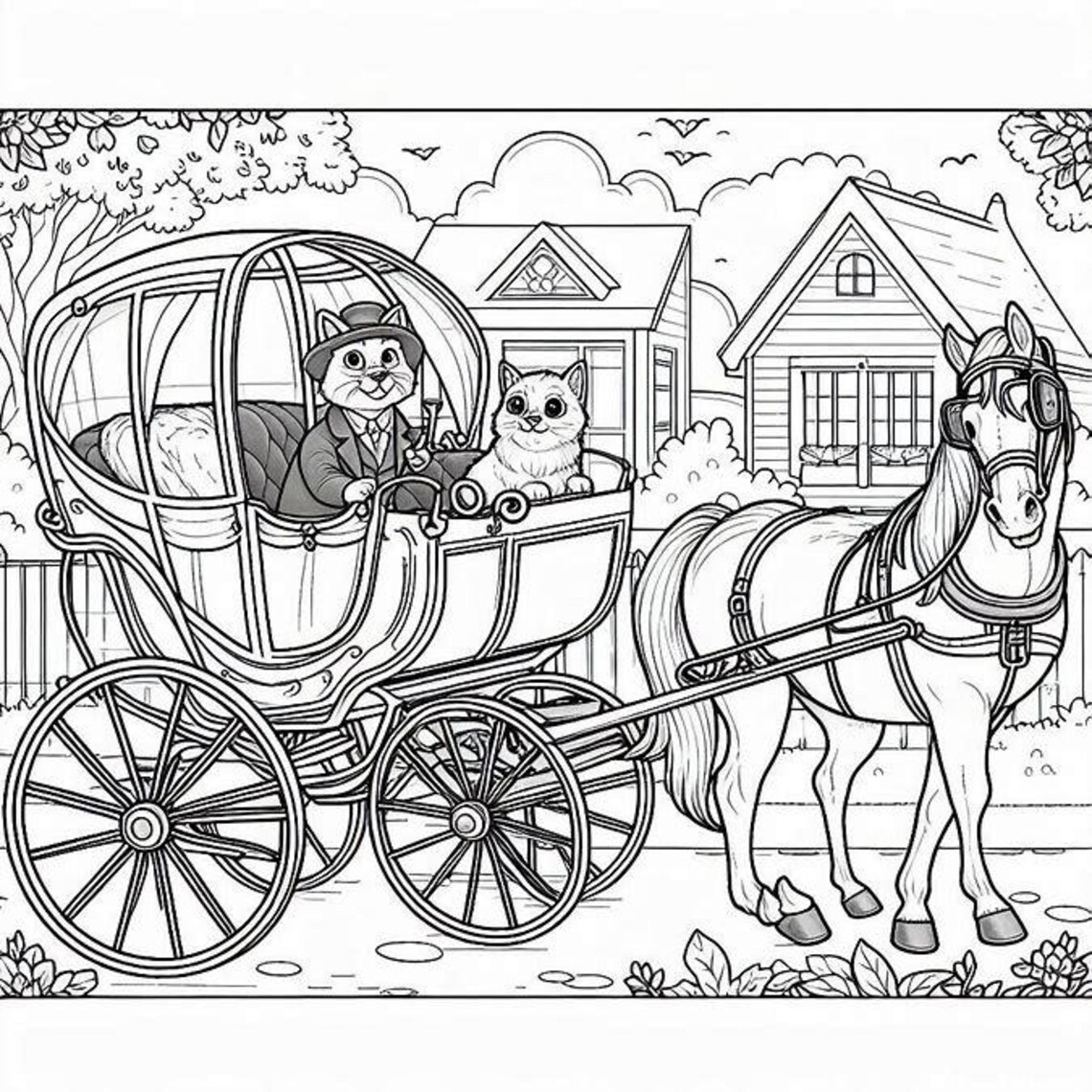 A Whimsical Adult Coloring Book Pages, With Cats and Dogs and Horse ...