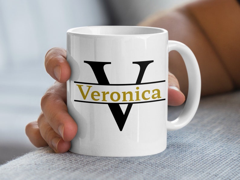 Personalized Letter v Graphic Mug, Minimalist Black and Gold Design ...