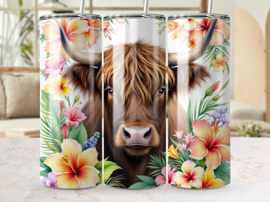 Highland Cow Tumbler Wrap, Floral Cow PNG, Digital Tumbler Wrap, High Resolution Wrap, Printable ...