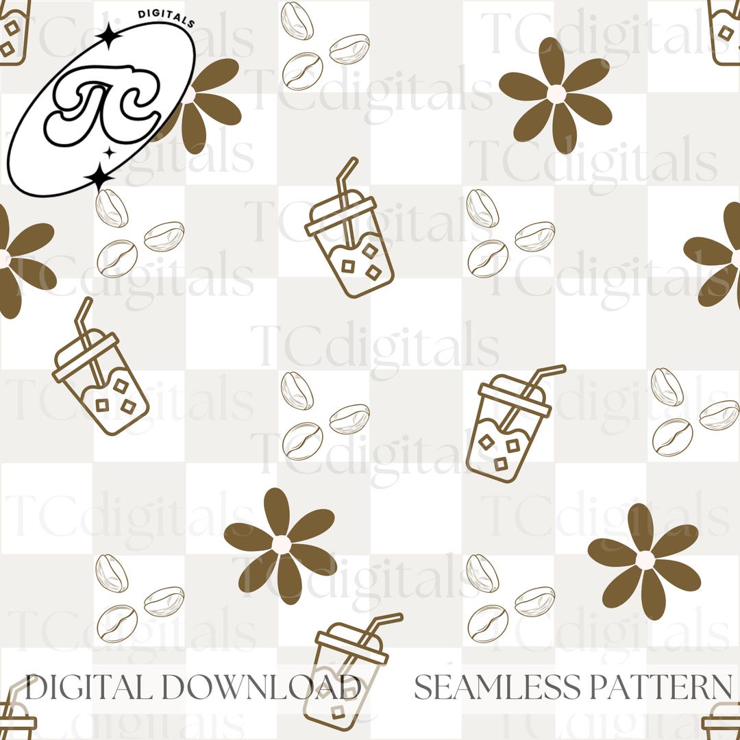 Iced Coffee Checker Seamless Pattern, Coffee and Flowers Checker ...