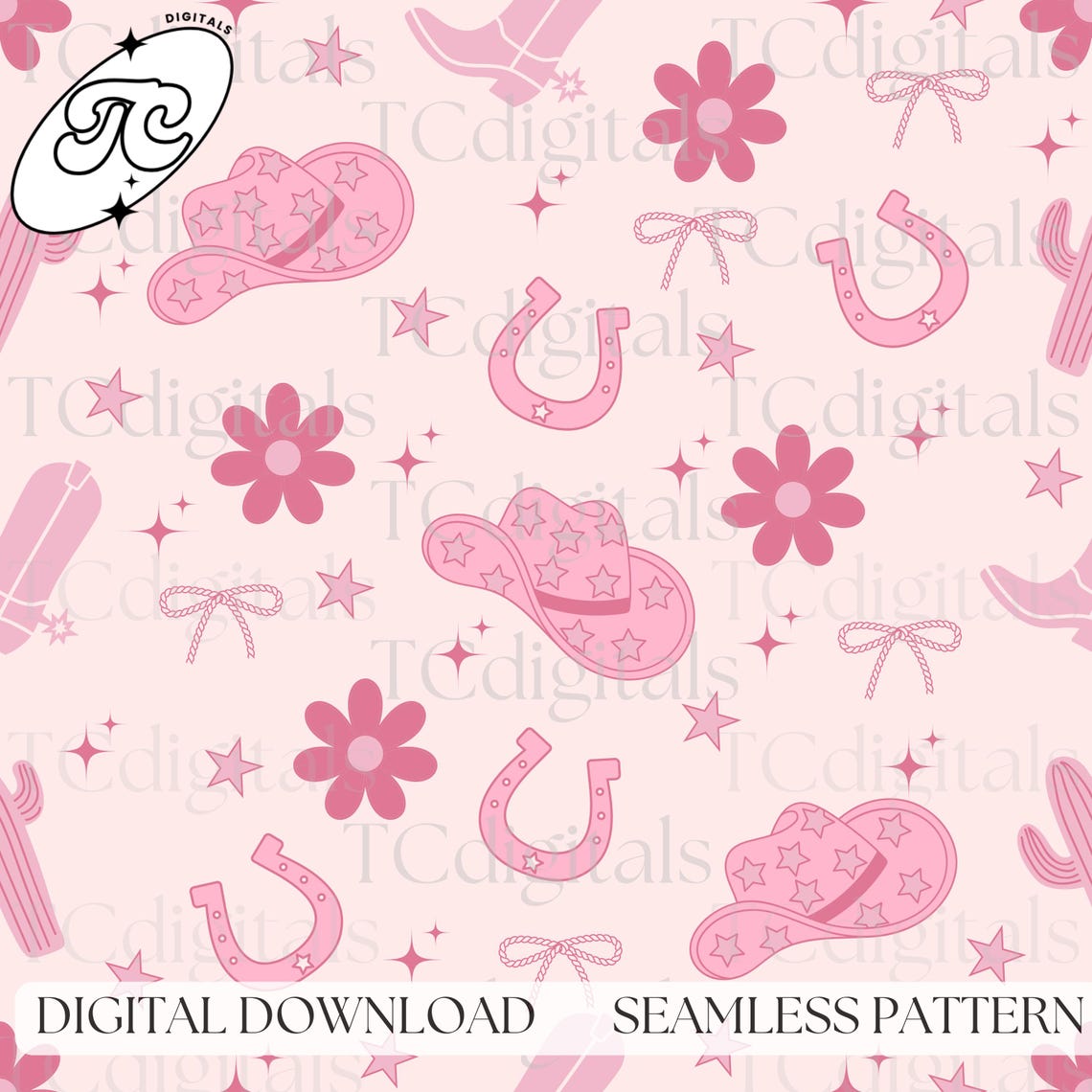Pink Western Seamless Pattern: Cowgirl Boots, Hats, Flowers (digital ...