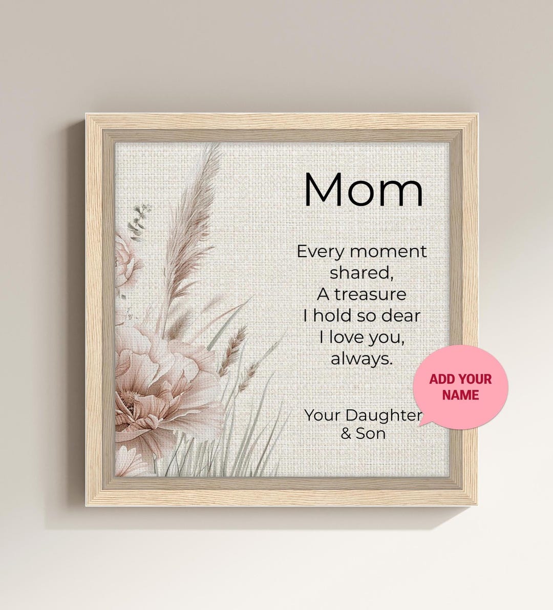 Mom Treasured Haiku Poem Framed Canvas - Woven Neutral Background ...
