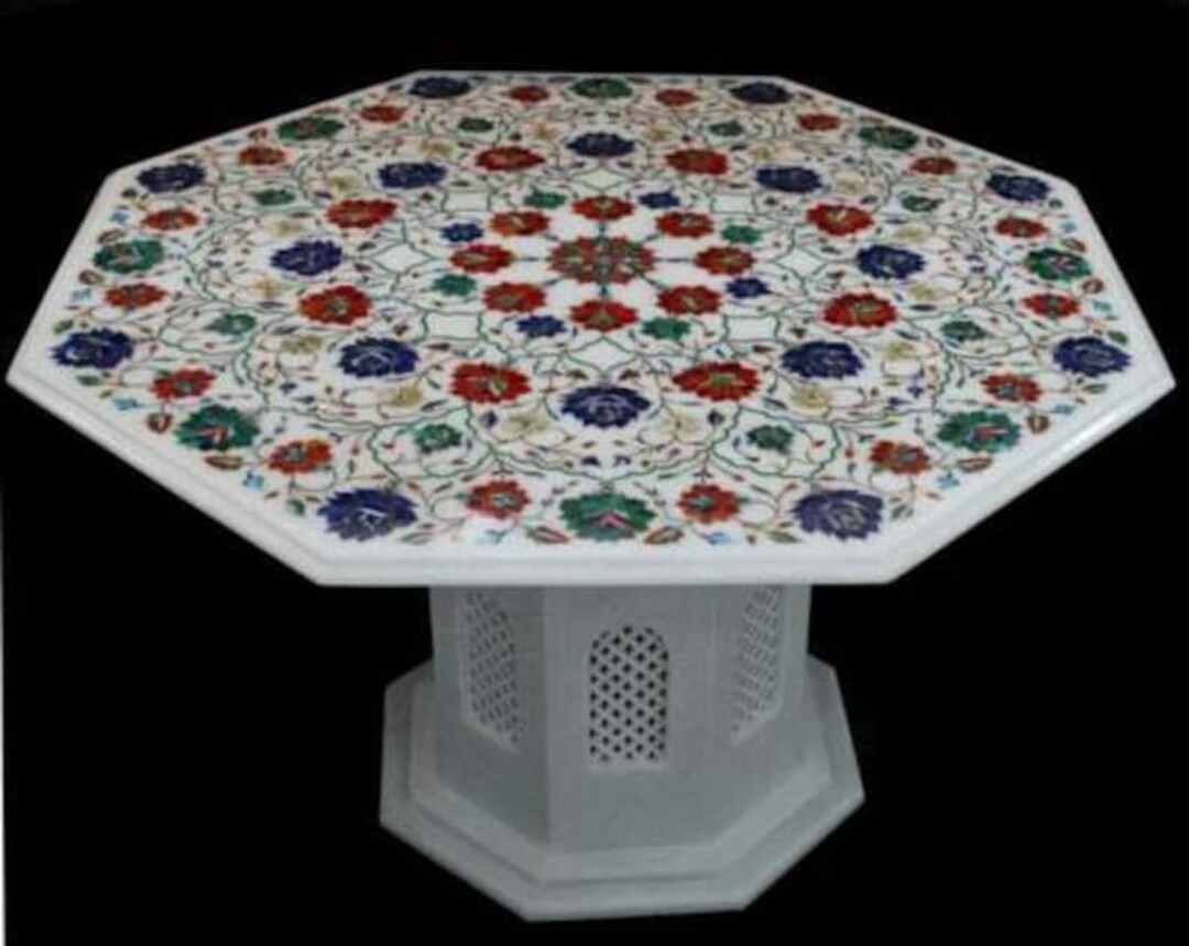 White Marble Center Table Top Semi Precious Stone Inlay Work Handmade ...