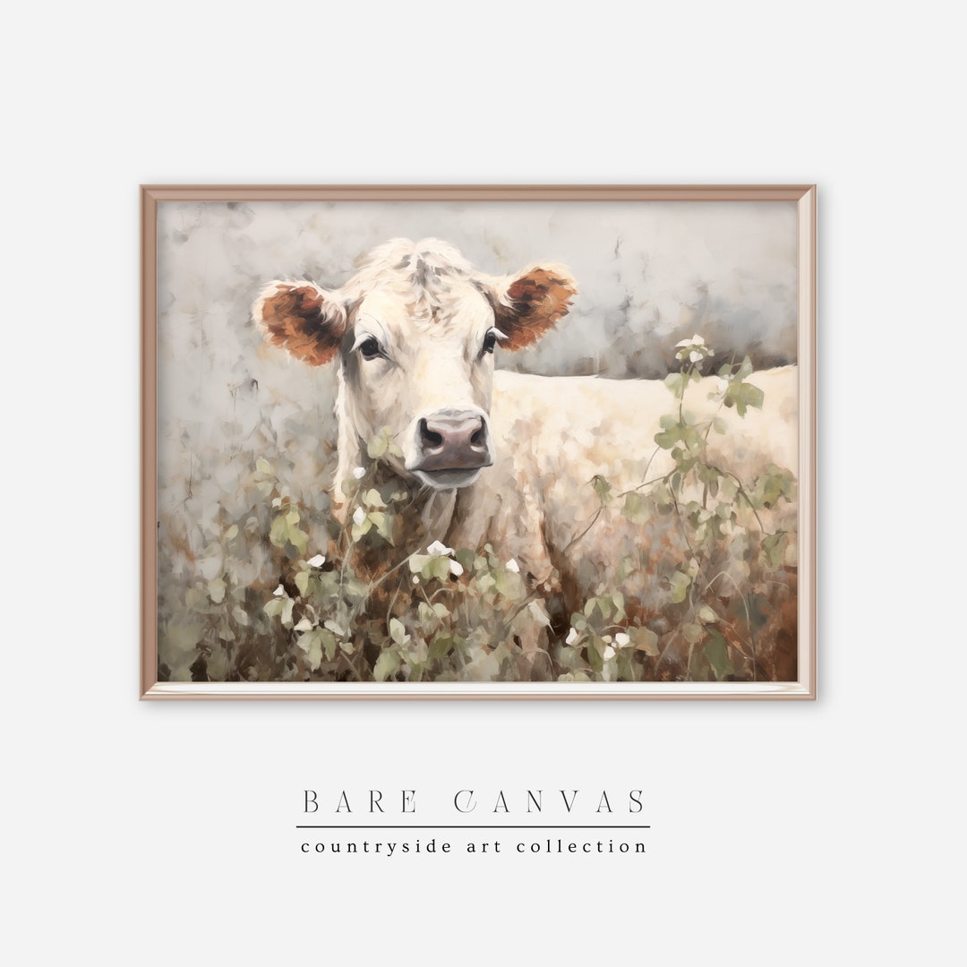 Cow Painting | White Cow | Vintage Farmhouse Painting | Cottage Core ...