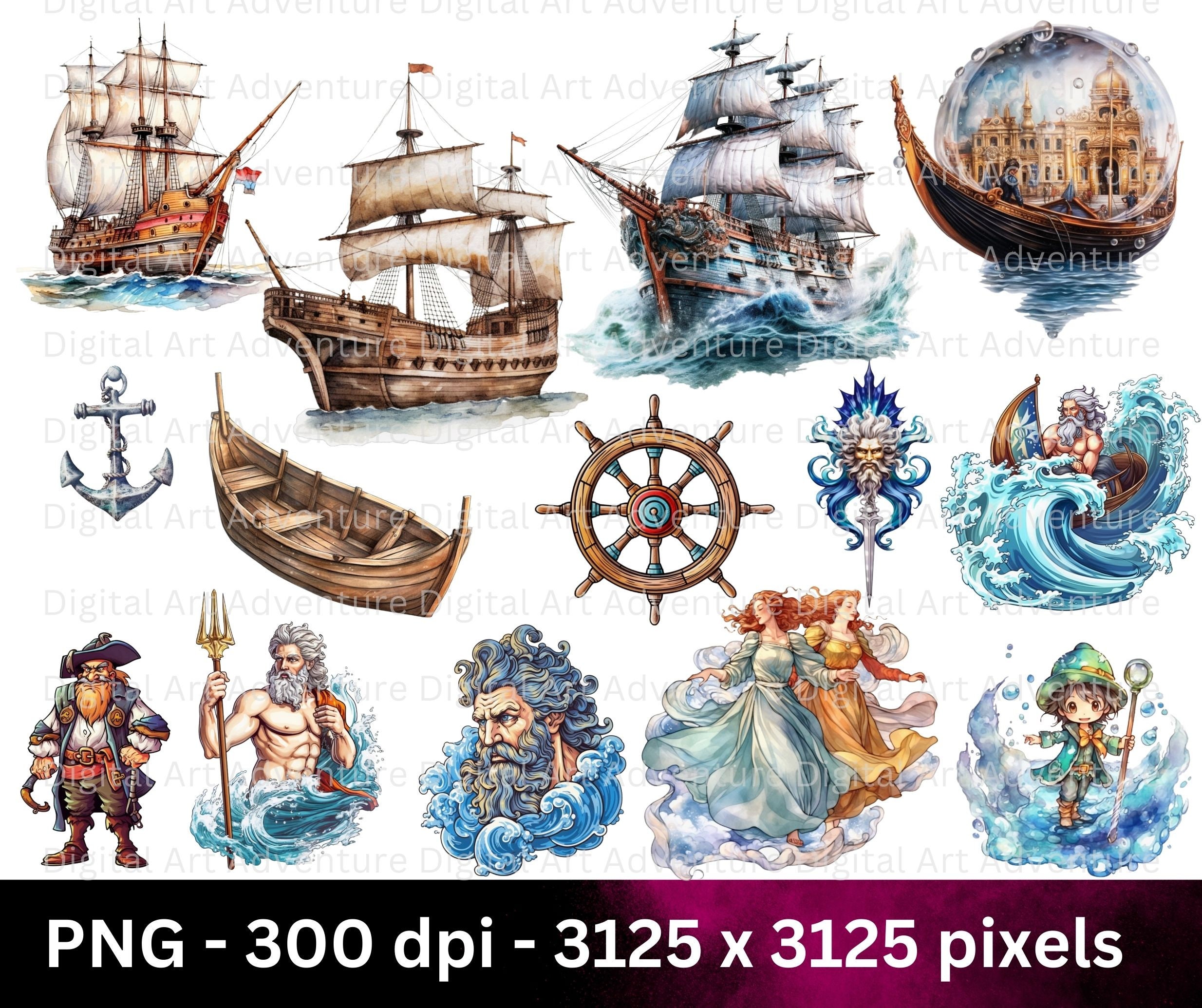 Seafaring Clipart, Pirates, Ocean, Watercolor, Sailing Ships, Sea ...