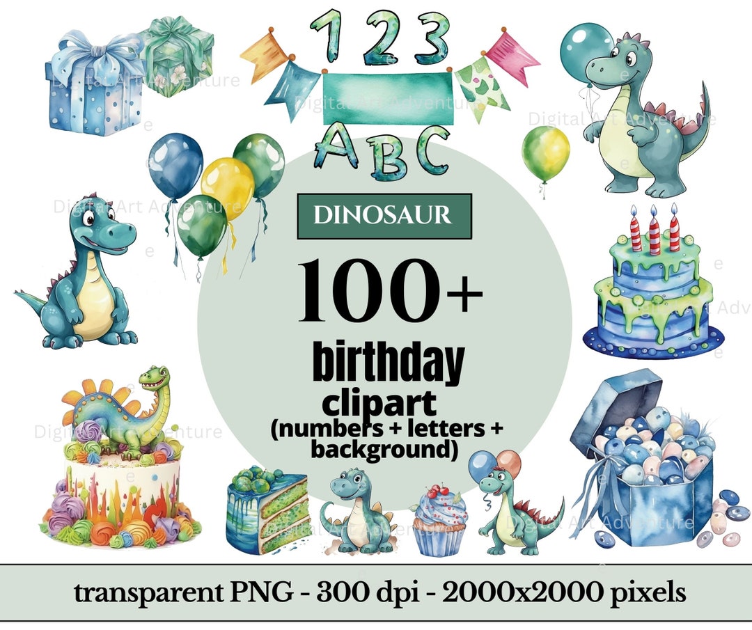 Dinosaur Birthday Clipart, Watercolor Celebrate Clipart, Kids Baby ...