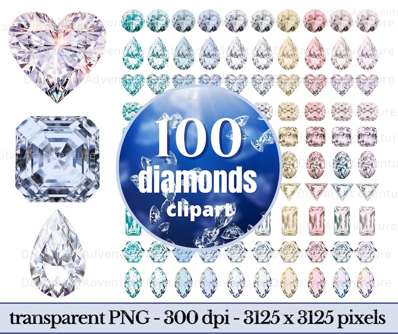 Diamond Clipart, 100 PNG, Watercolor, Gemstone Clipart - Etsy