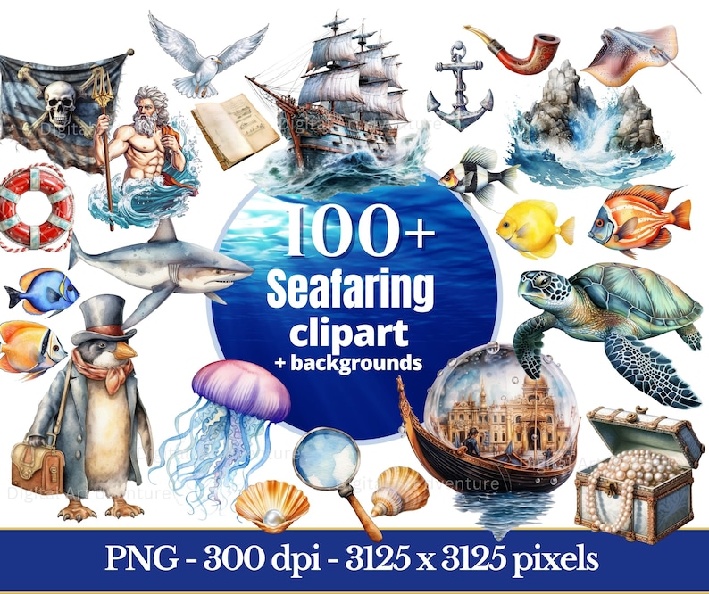 Seafaring Clipart, Pirates, Ocean, Watercolor, Sailing Ships, Sea ...