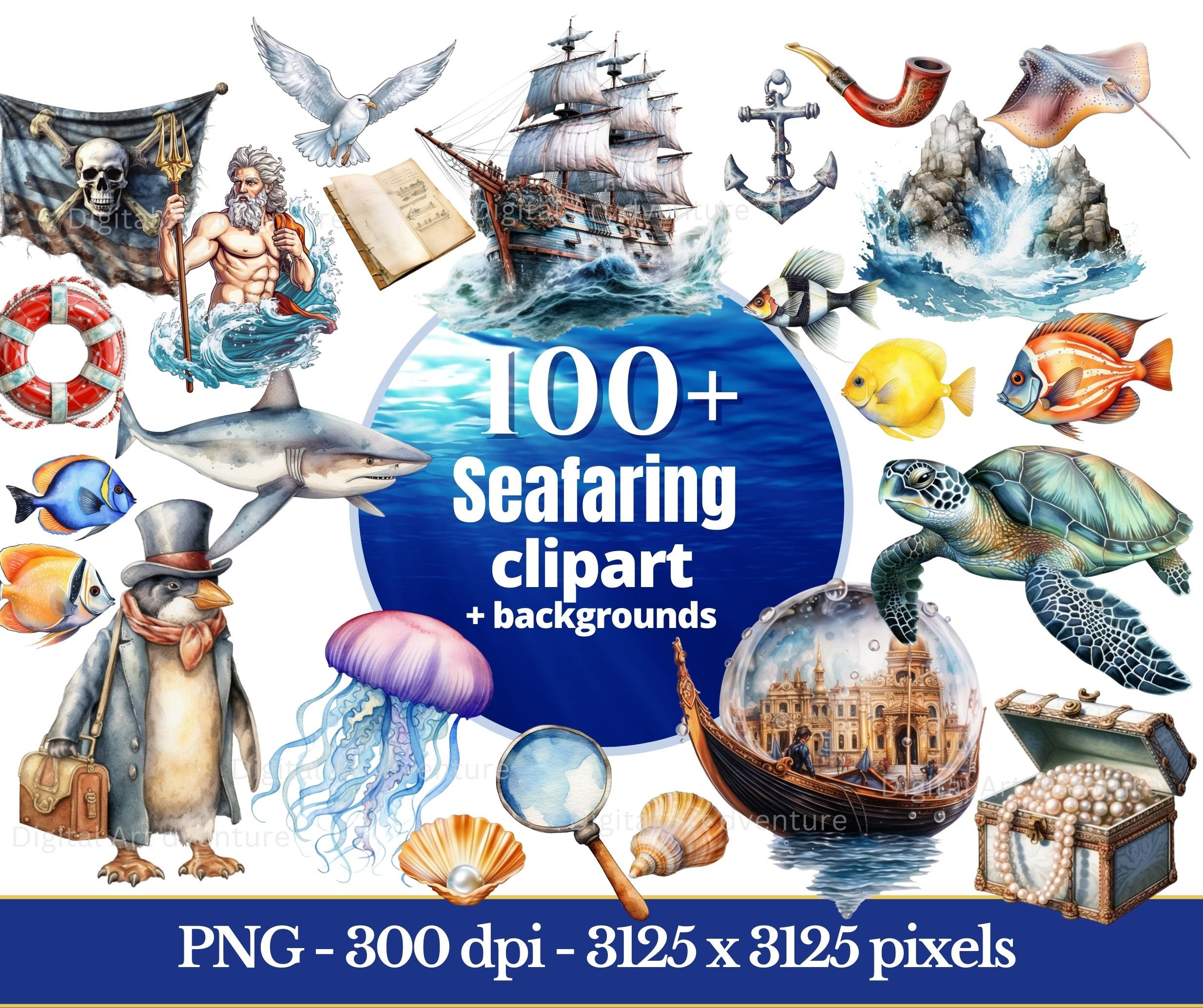 Seafaring Clipart, Pirates, Ocean, Watercolor, Sailing Ships, Sea ...
