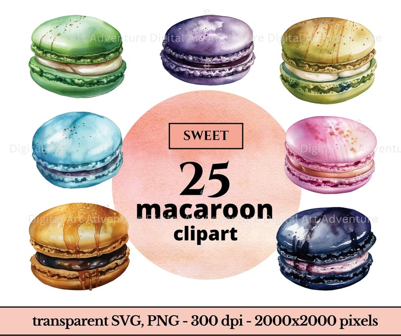 Macaroon Clipart- Print, 25 PNG+25 SVG, Watercolor, T-shirt Print ...