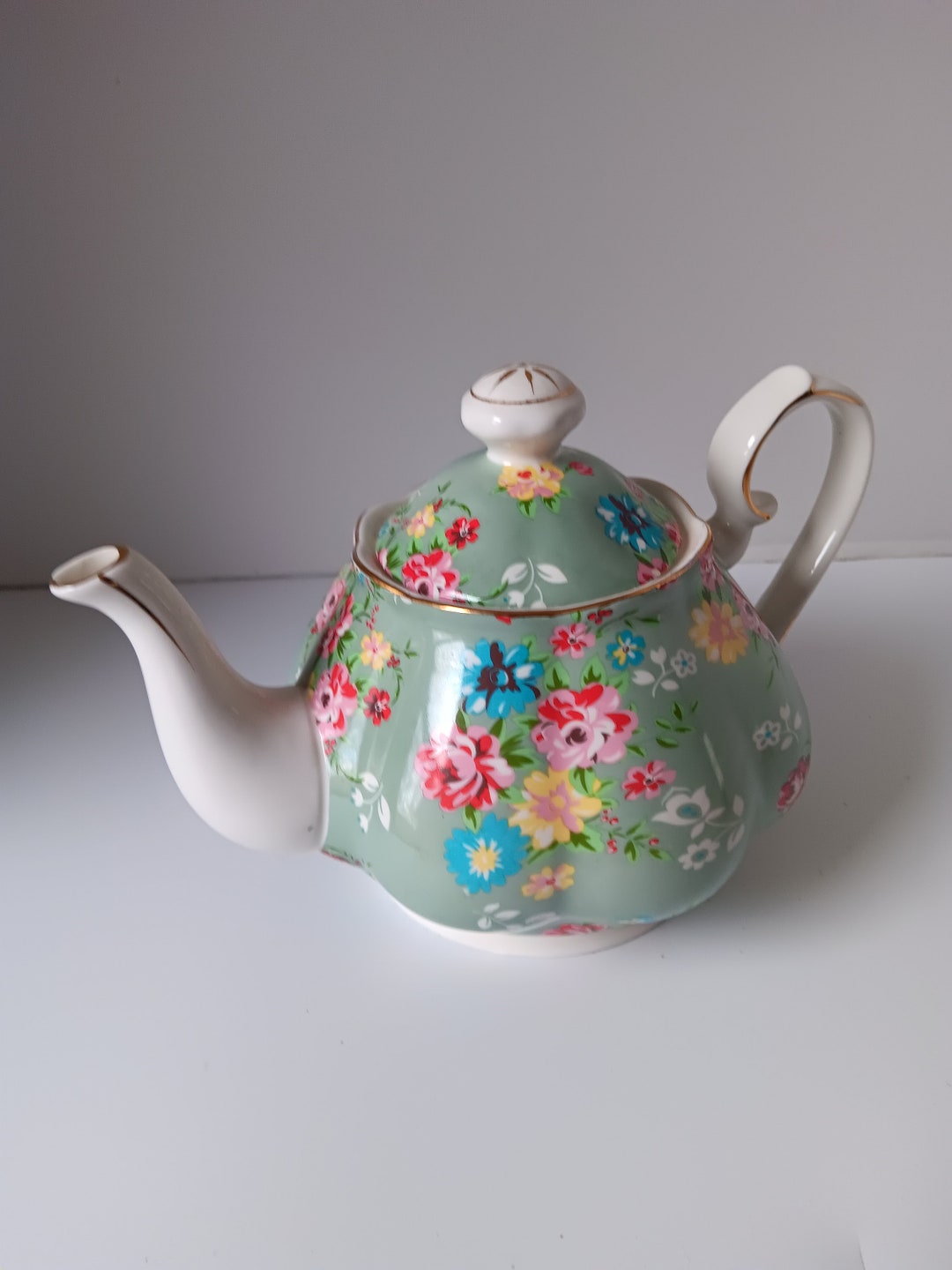 Gracie Tea Ware China Green & White Floral 5 CUP Porcelain Rose Floral ...