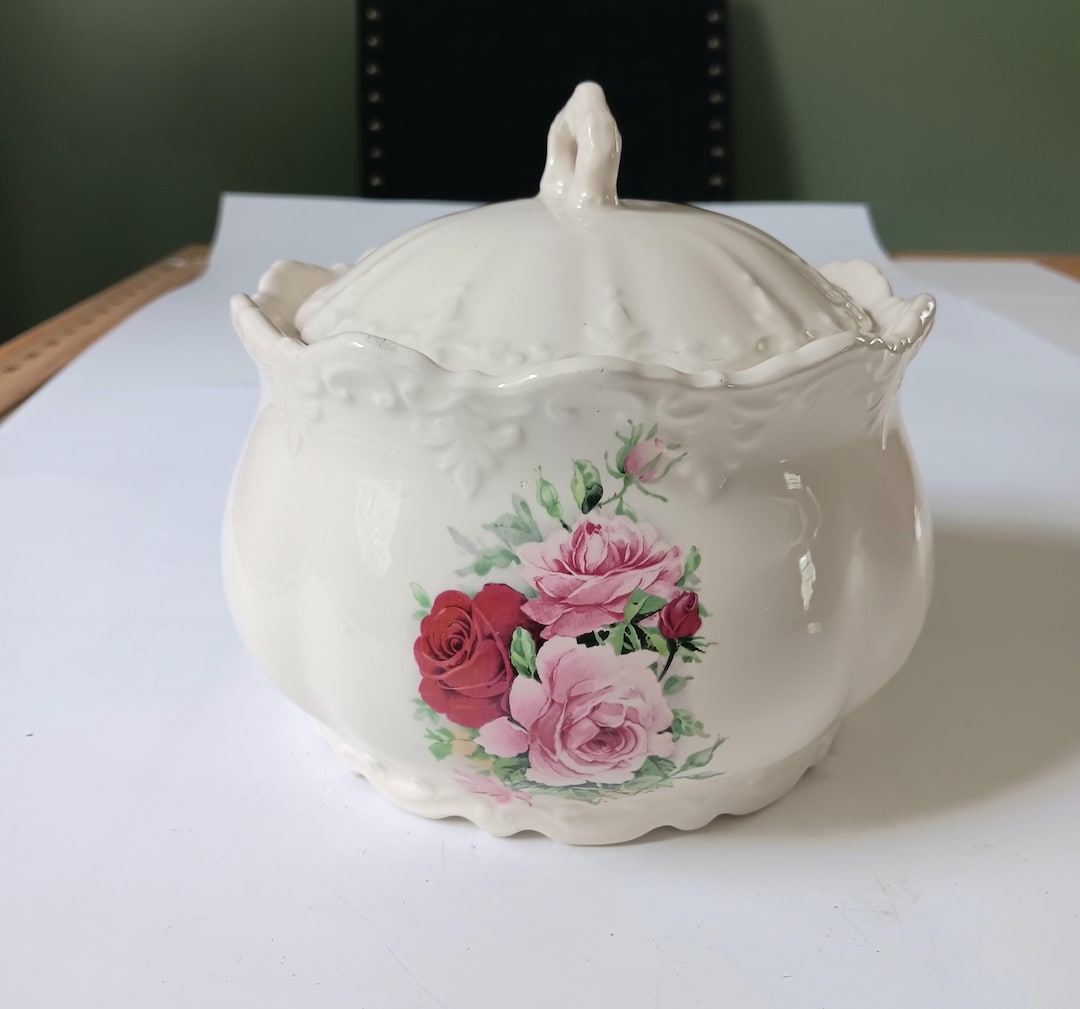 Vintage Ceramic Alberta's Molds Rose Floral Canister Jar Candy Dish ...