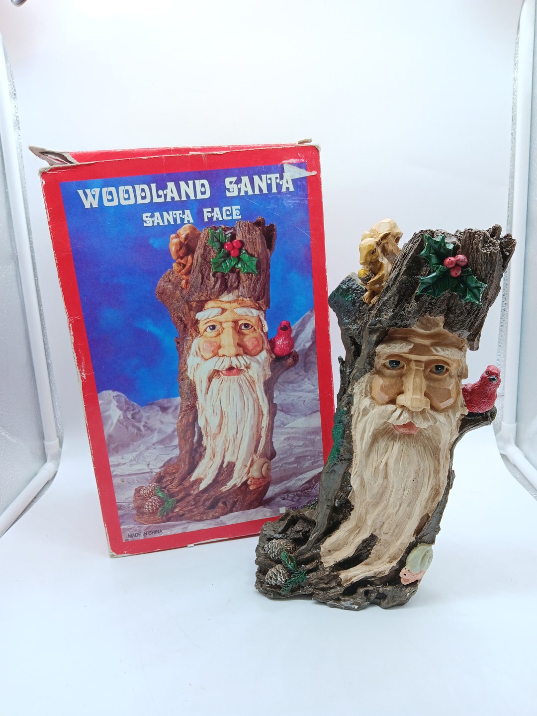 Vintage Woodland Tree Stump Santa Christmas Statue Sculpture Decor 10.5 ...