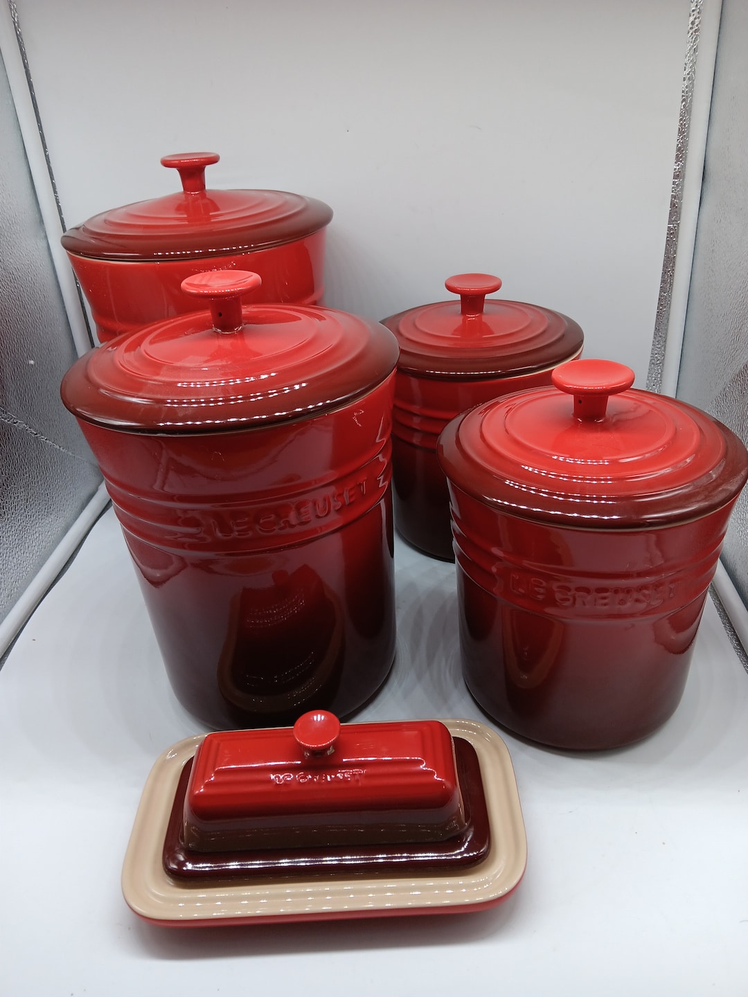 Set of 5 Le Creuset Rare Cerise RED Cherry Ombre Canisters Set & Butter ...