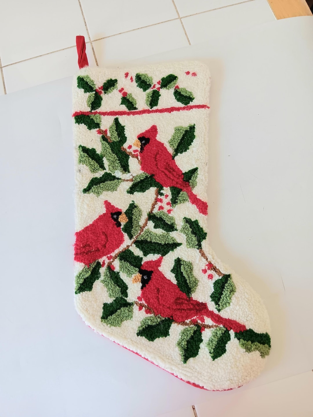 Vintage Hooked Finished Woodland Red Cardinal Christmas Stocking 17 ...