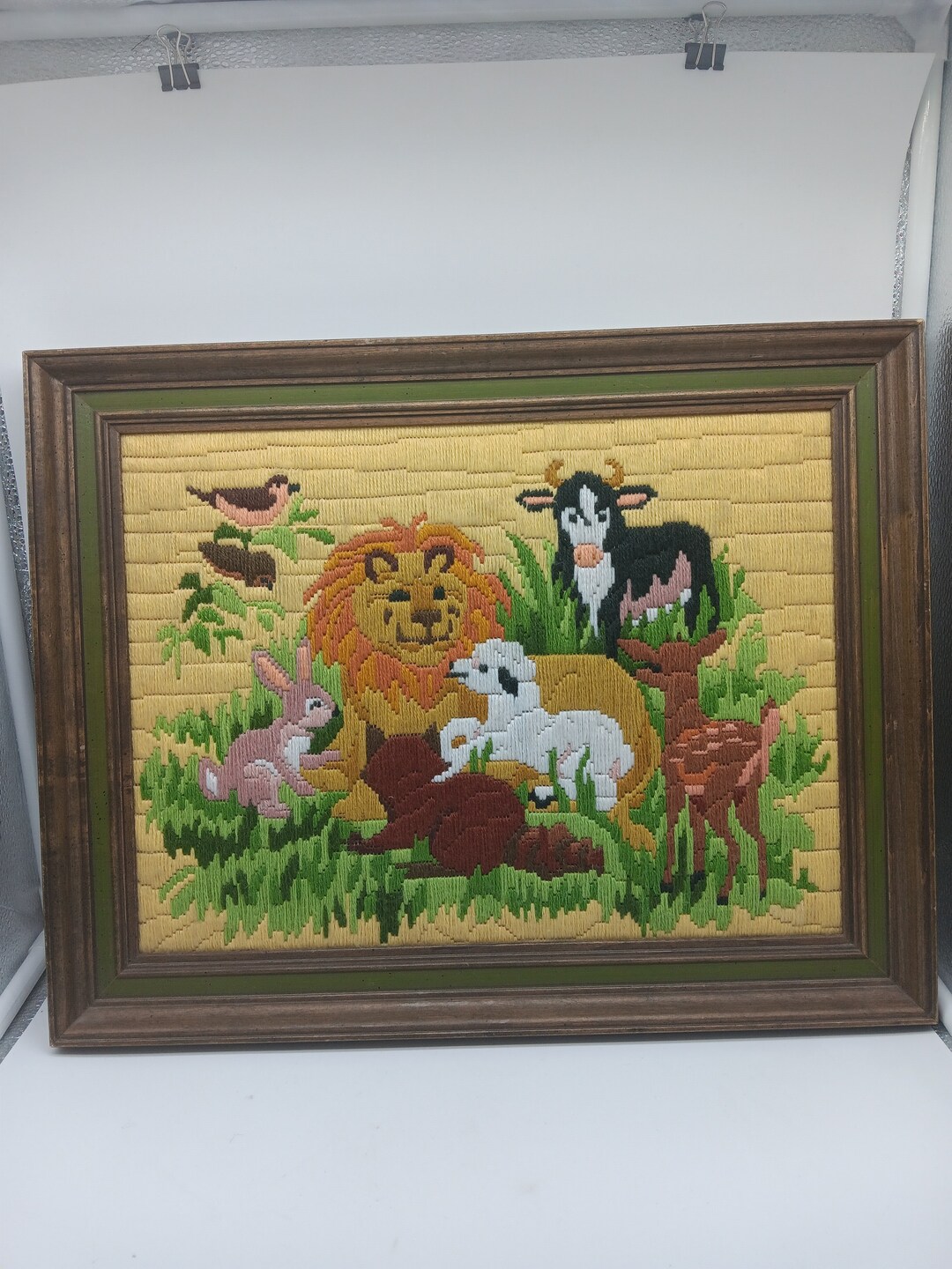 80s Framed Animal Finished Crewel Wall Hanging Art Picture. Lion, Bird ...