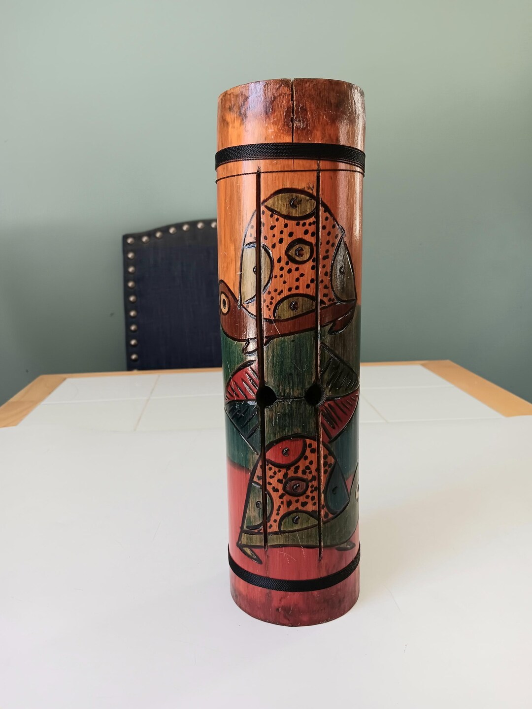 Vintage Folk Art Hand Crafted Turtle Themed Log Drum Wooden Tongue Slit ...