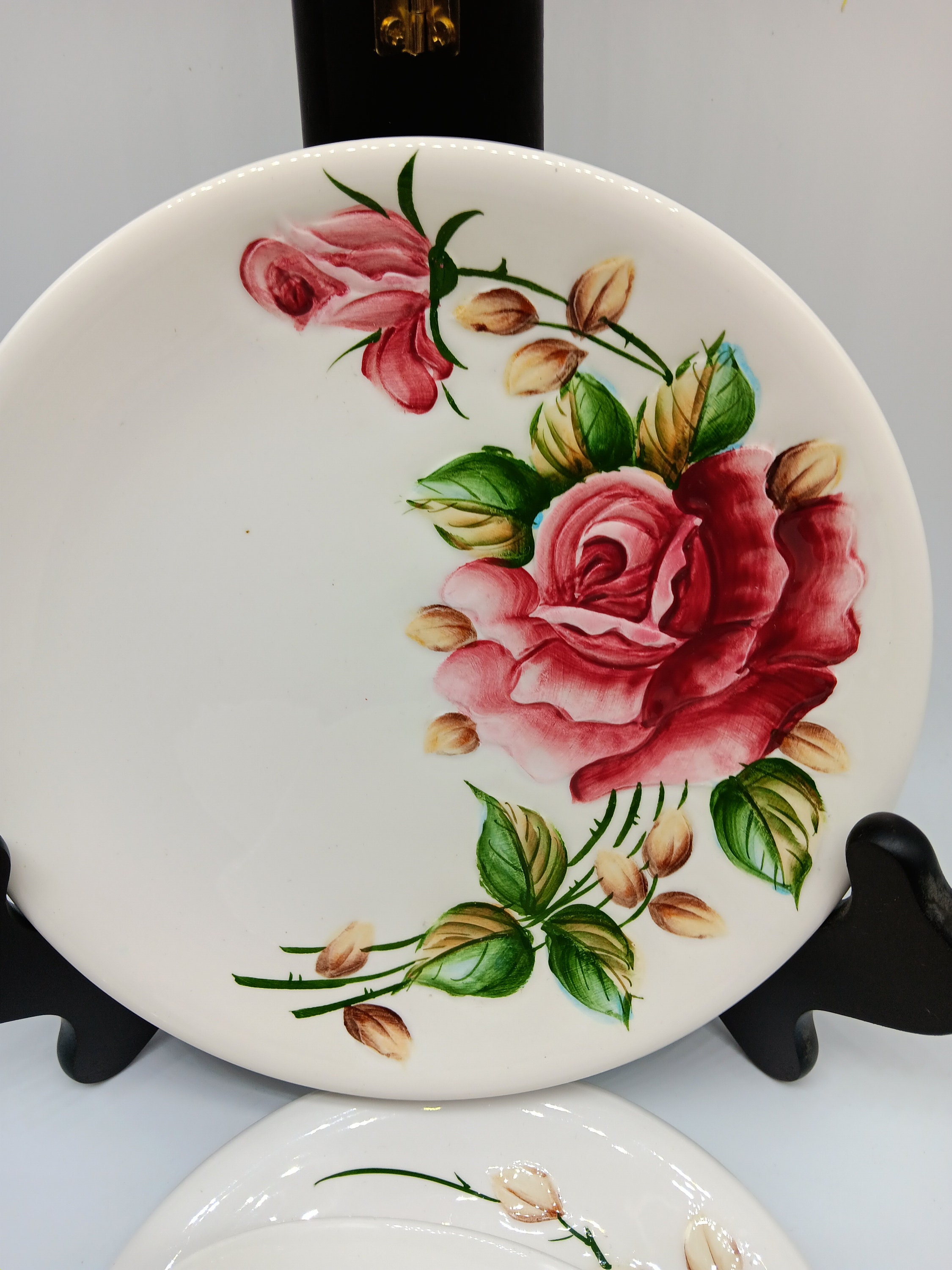 Vintage LEFTON Red Americana Floral Rose Hand-painted Plate & - Etsy