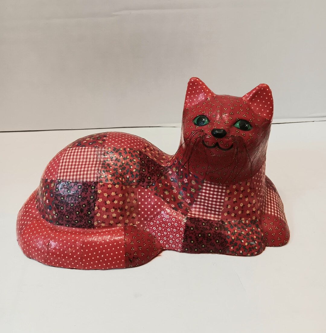 Patchwork Ceramic Kitty Cat Figurine. Heavy Floral Poke A Dot Animal ...