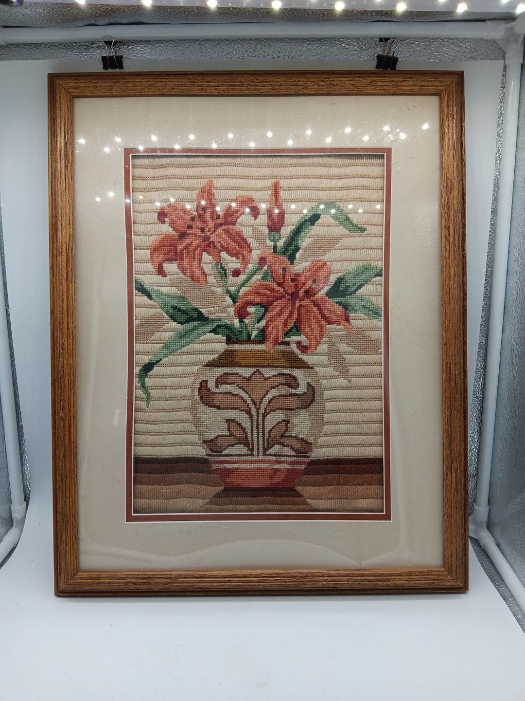 Completed Elsa Williams Wool Needlepoint ORIENTAL TIGER LILY Floral Framed Crewel Art Wall ...