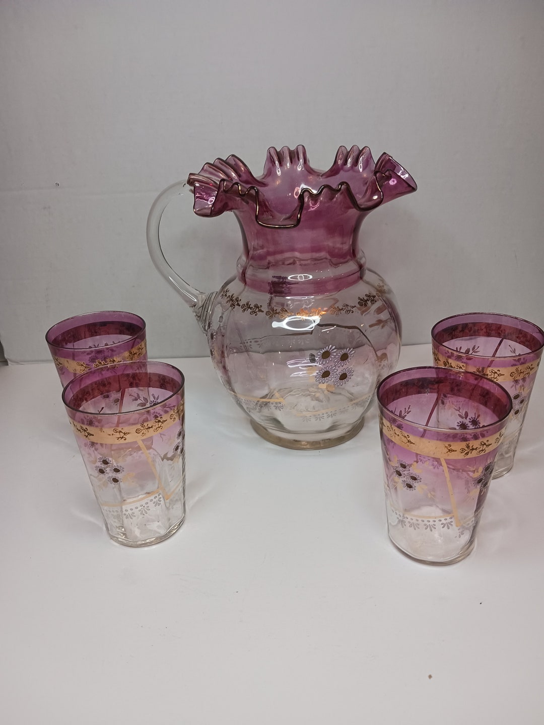 Gorgeous Antique Victorian Painted Enamel Glass Pitcher Set. Floral ...